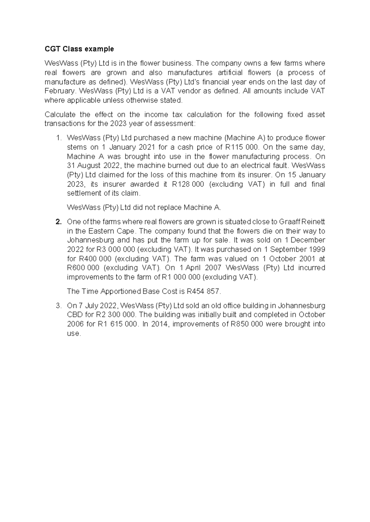 CGT Class Example - CGT Class example WesWass (Pty) Ltd is in the ...