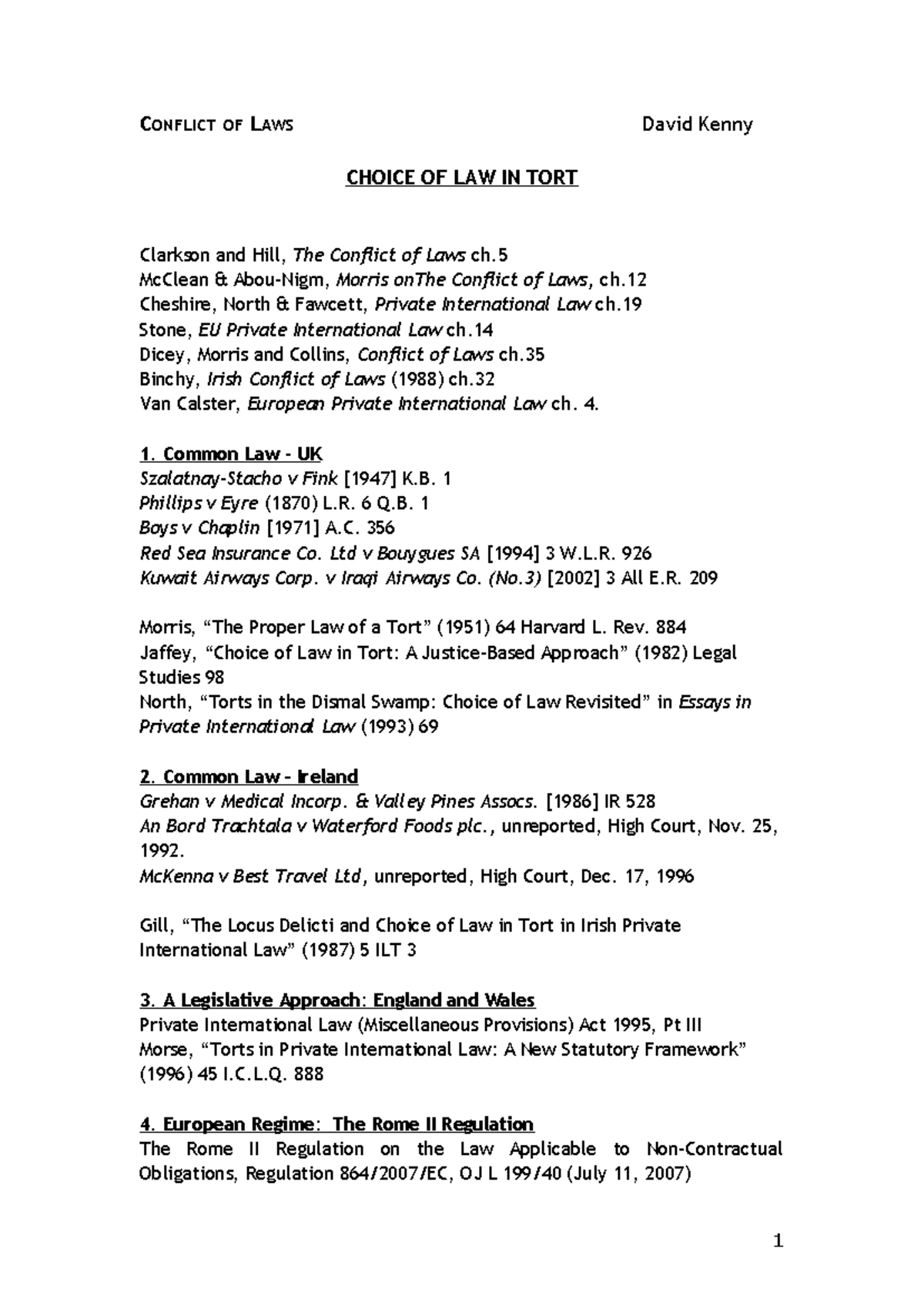 Choice of Law - Tort 2024 Reading List - CONFLICT OF LAWS David Kenny ...
