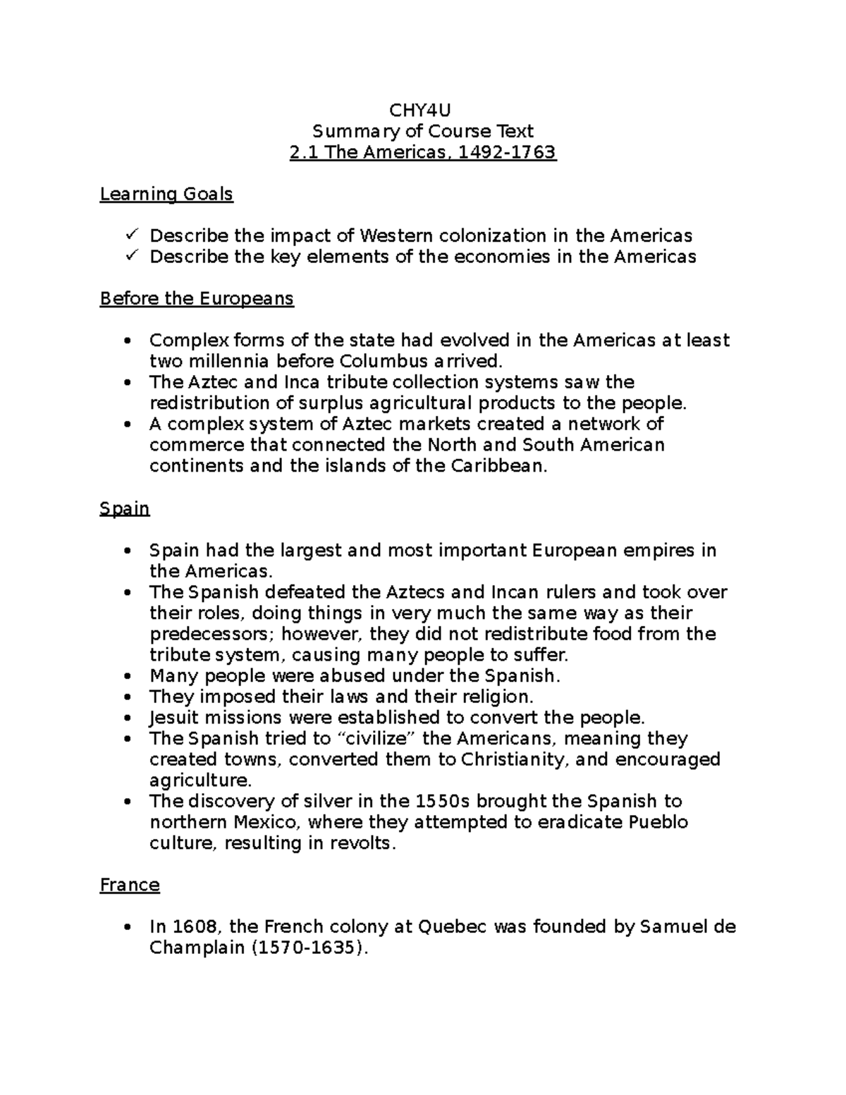2.1 The Americas, 1492-1763 Notes - CHY4U Summary of Course Text 2 The ...