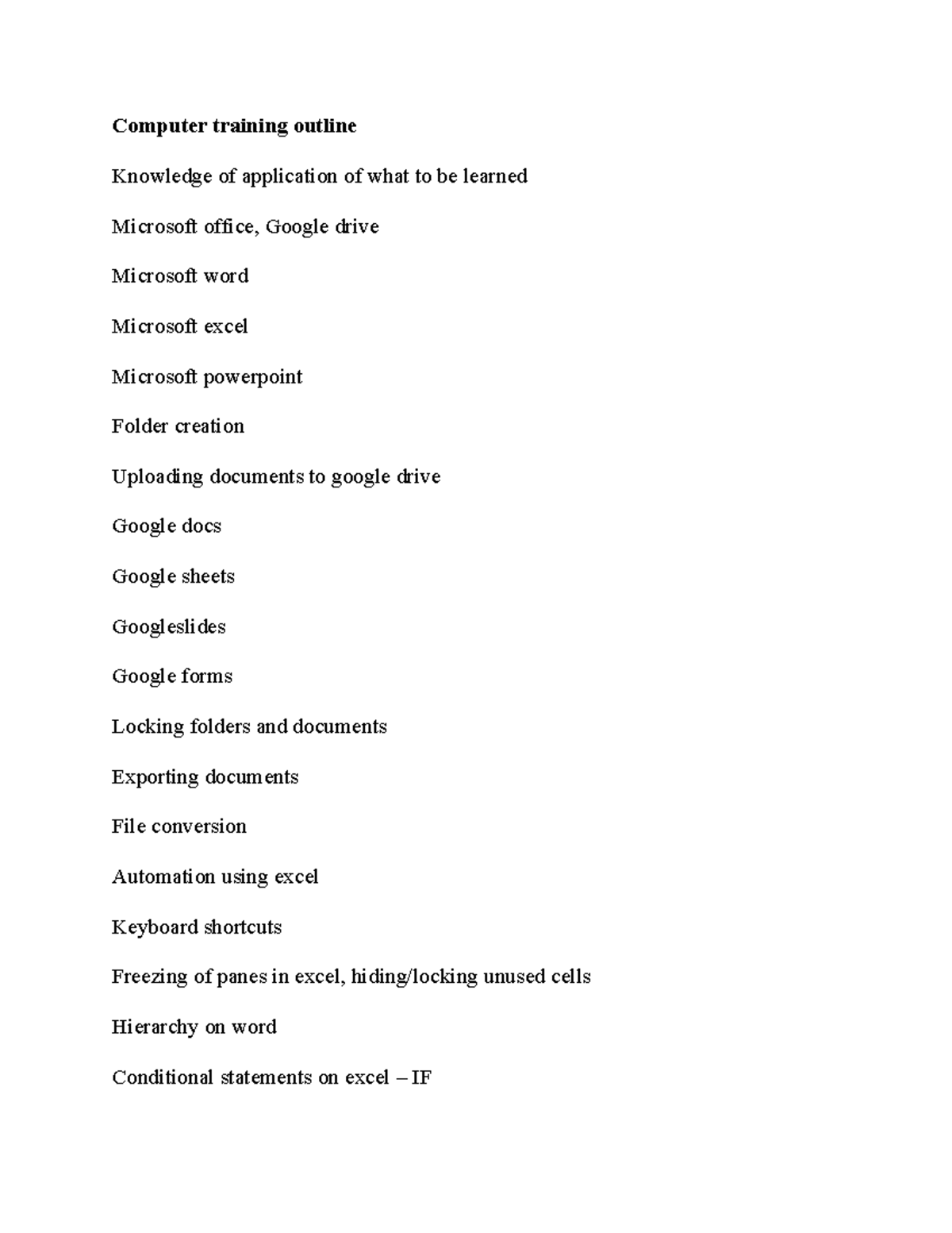 Computer training outline - Introduction To Programming - Computer training outline Knowledge of ...