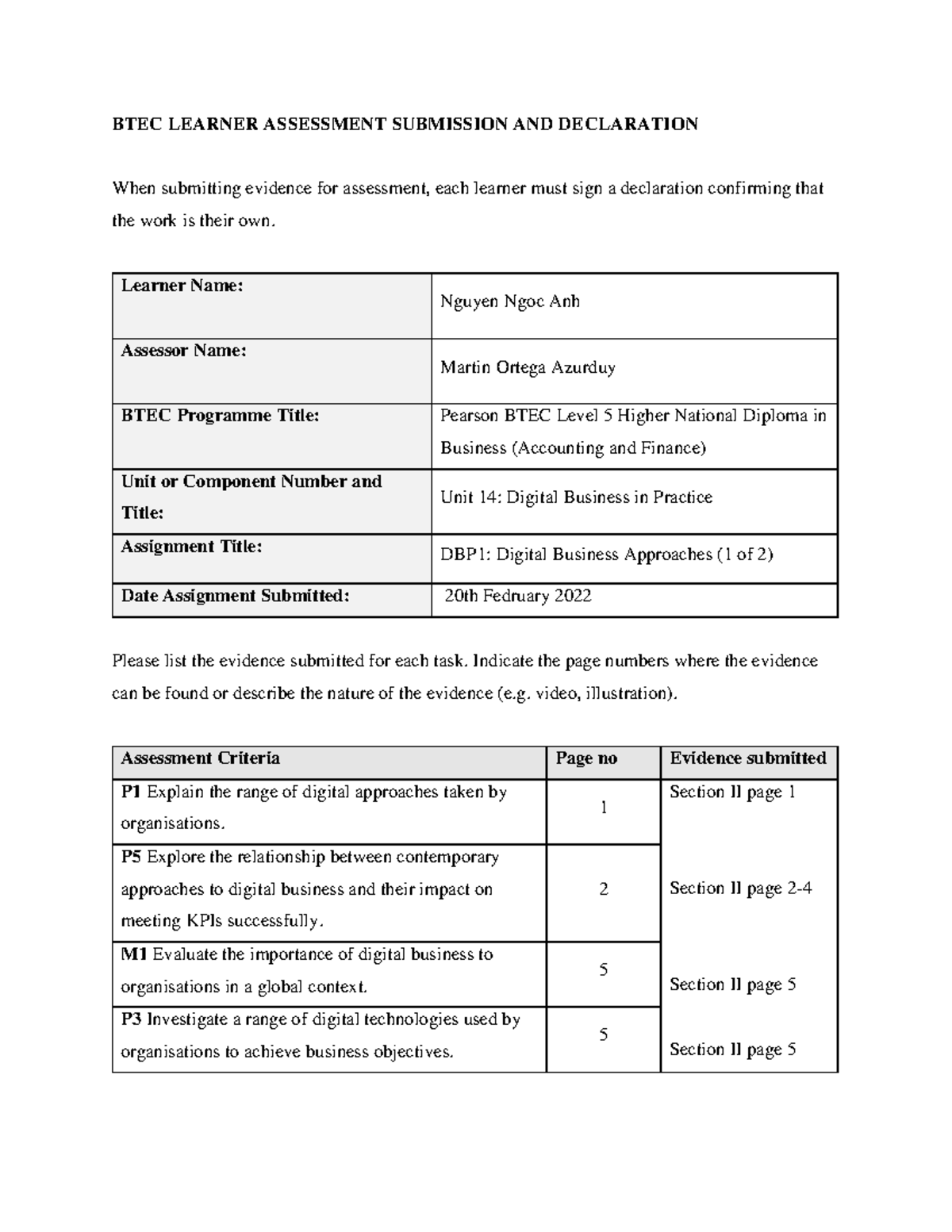 Nguyễn Ngọc Ánh - BTEC LEARNER ASSESSMENT SUBMISSION AND DECLARATION ...