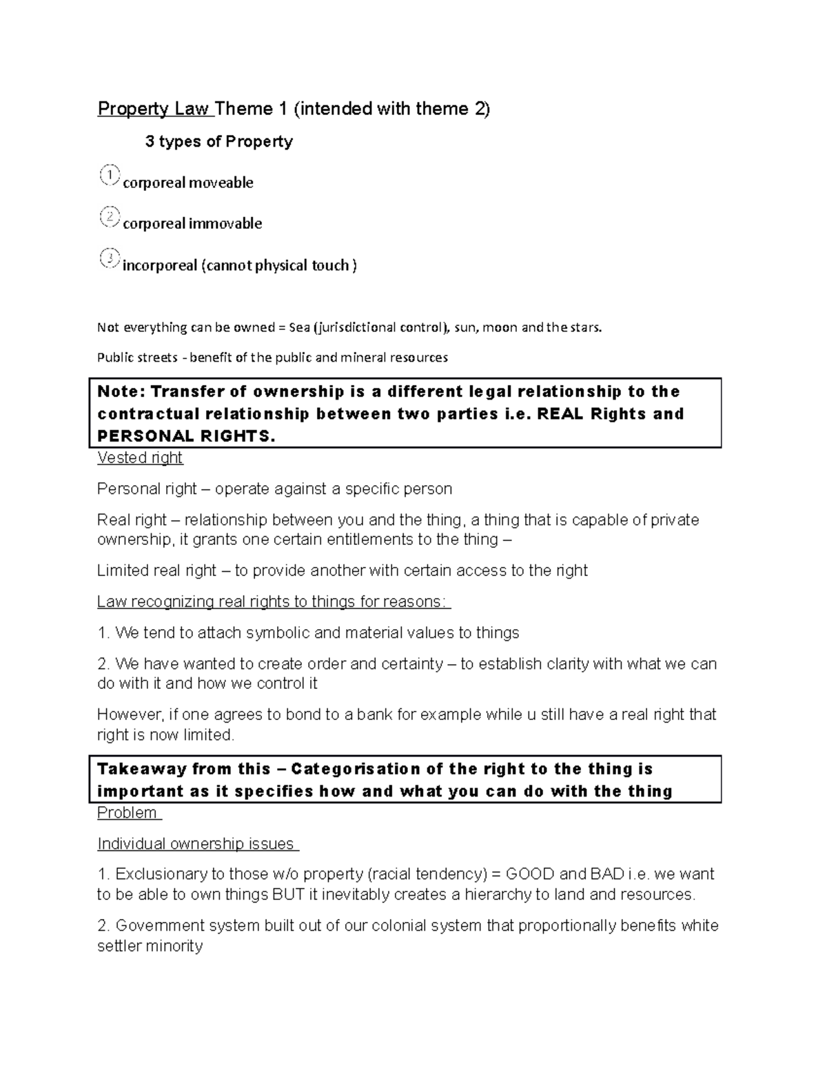 1.0 Property Notes - Property Law Theme 1 (intended with theme 2) 3 ...