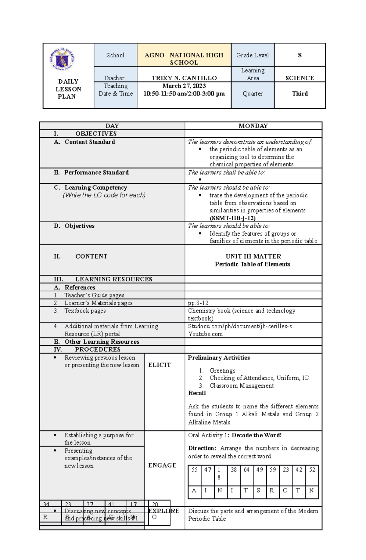 March 29 Wednesday - lesson plan chem - DAILY LESSON PLAN School AGNO ...