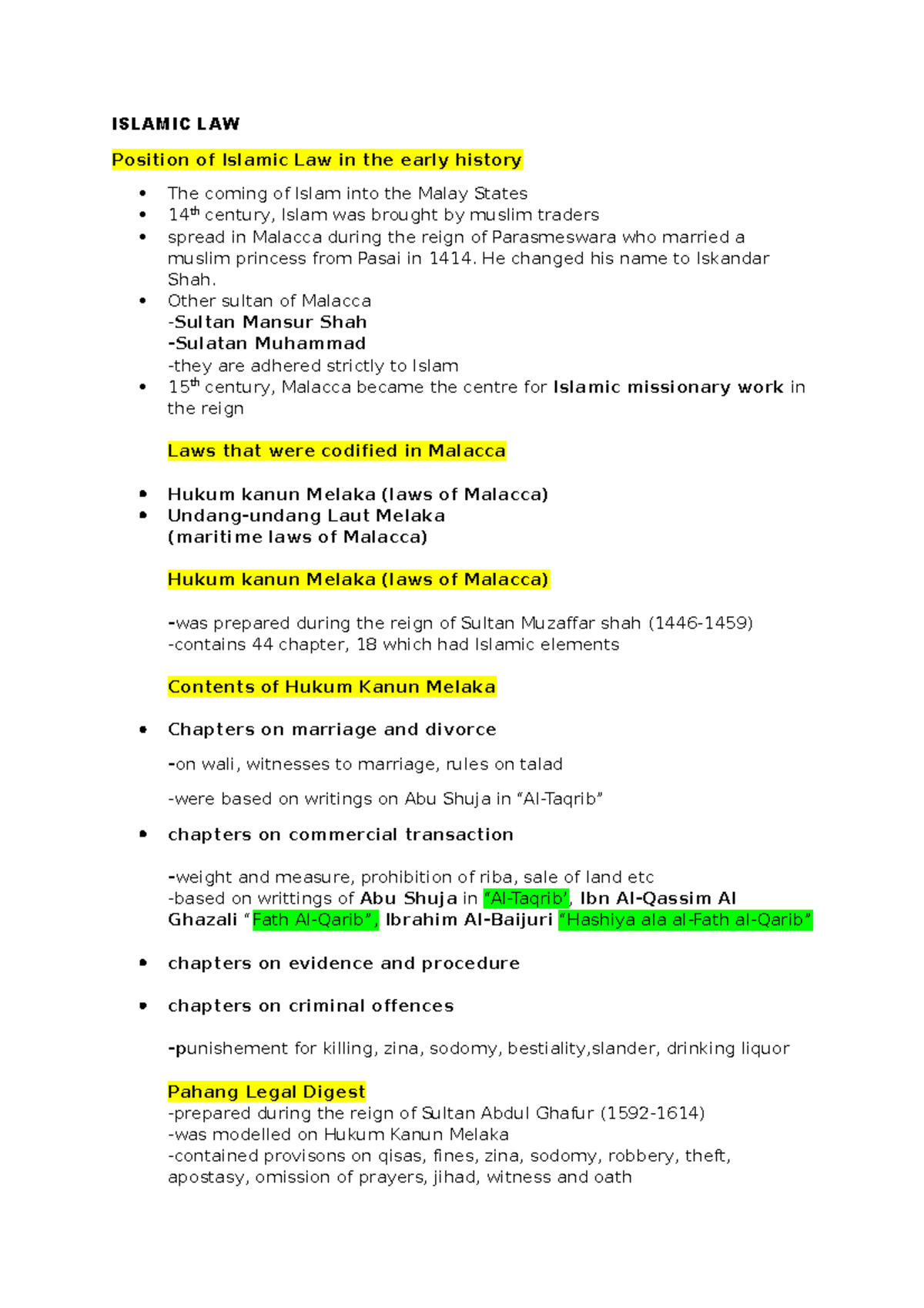 Islamic LAW-notes - ISLAMIC LAW Position of Islamic Law in the early ...