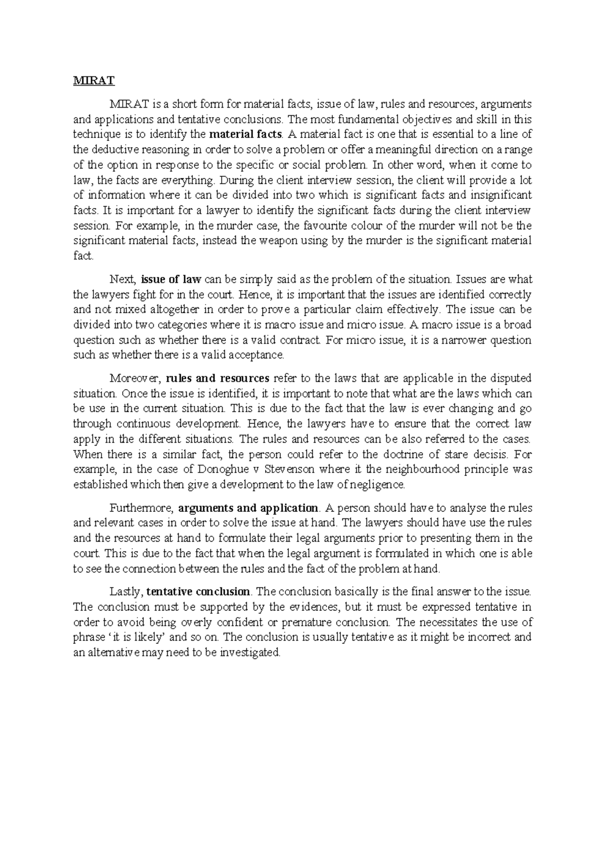 Legal analysis - MIRAT Methoddddddd - MIRAT MIRAT is a short form for ...