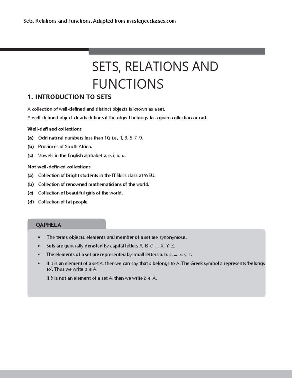 Sets, Relations, and FUnctions - QAPHELA • The terms objects, elements ...