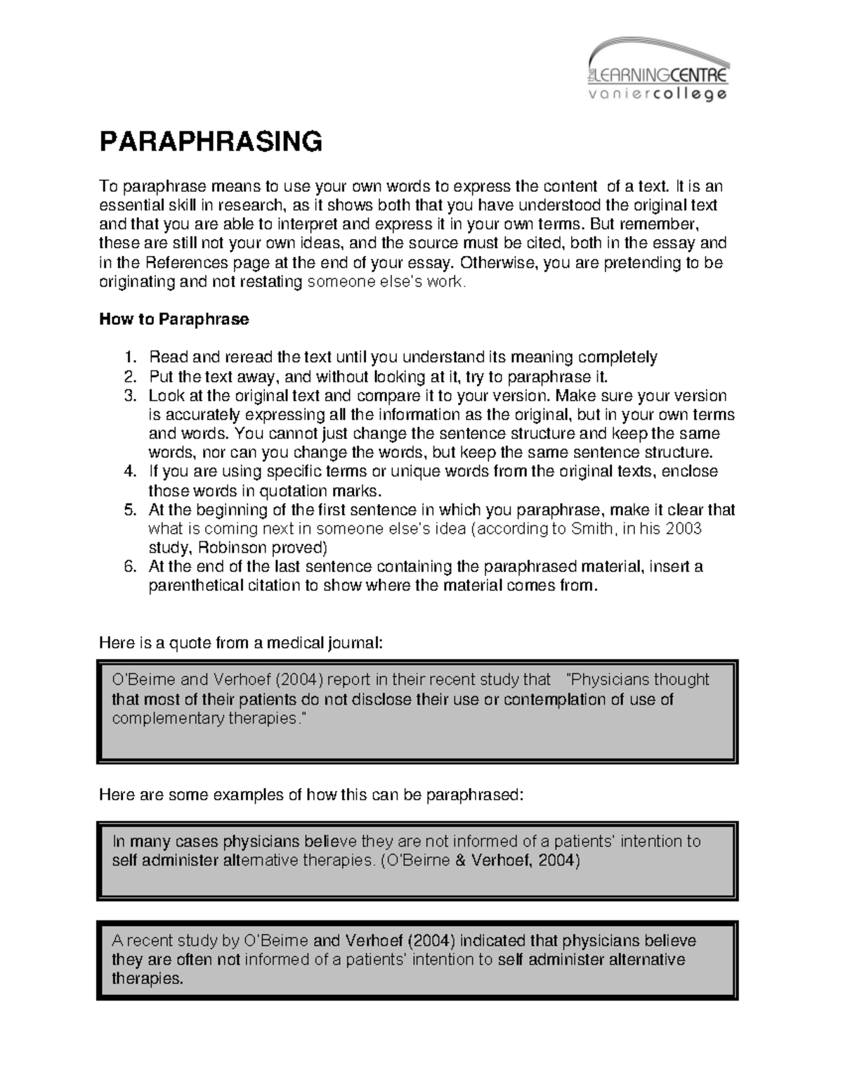 Paraphasing- The Learning Centre- Vanier College - PARAPHRASING To ...