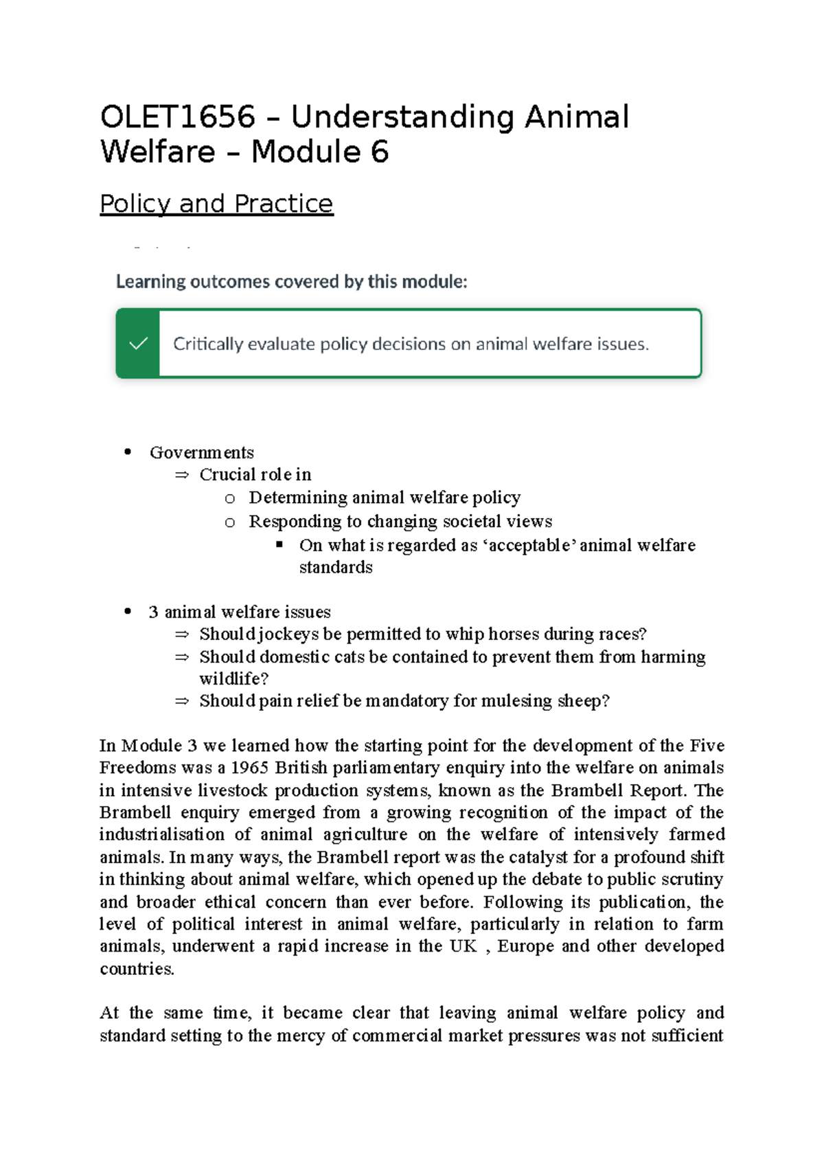 OLET1656 Module 6 Notes - OLET1656 – Understanding Animal Welfare ...
