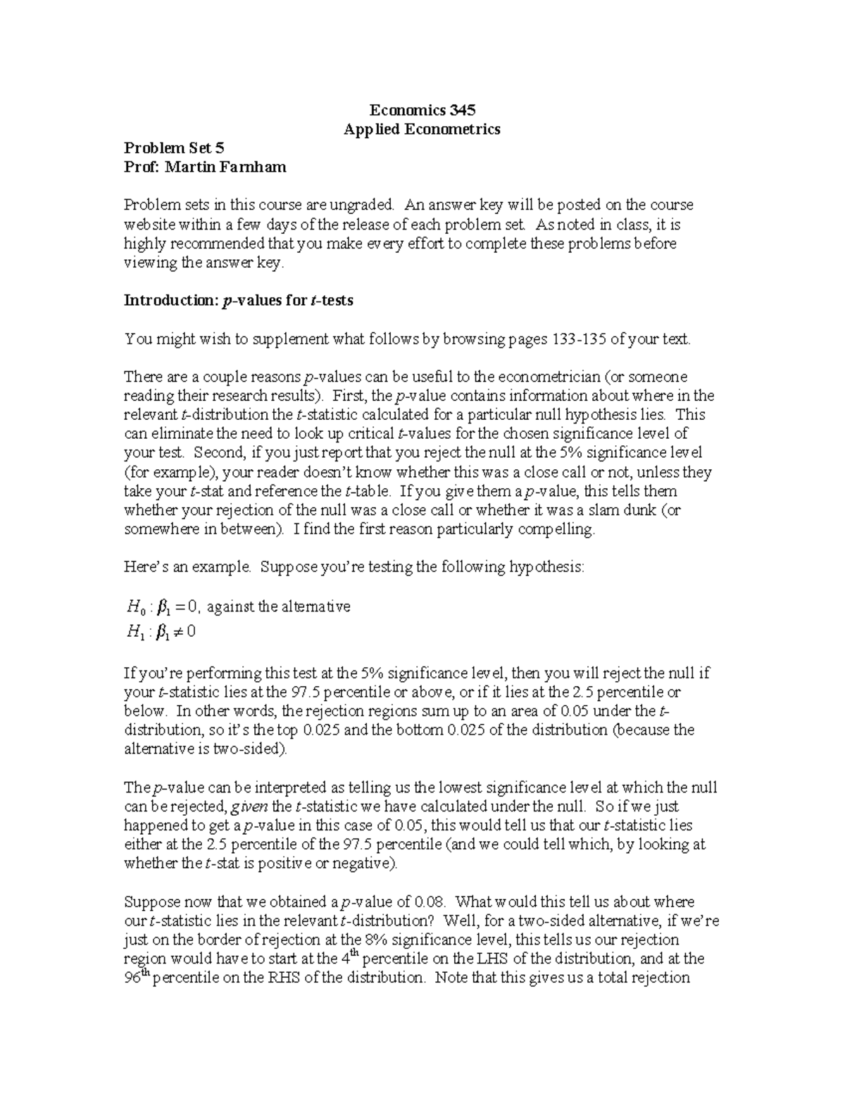 Tutorial work - problem set 5 + solutions - Economics 345 Applied ...