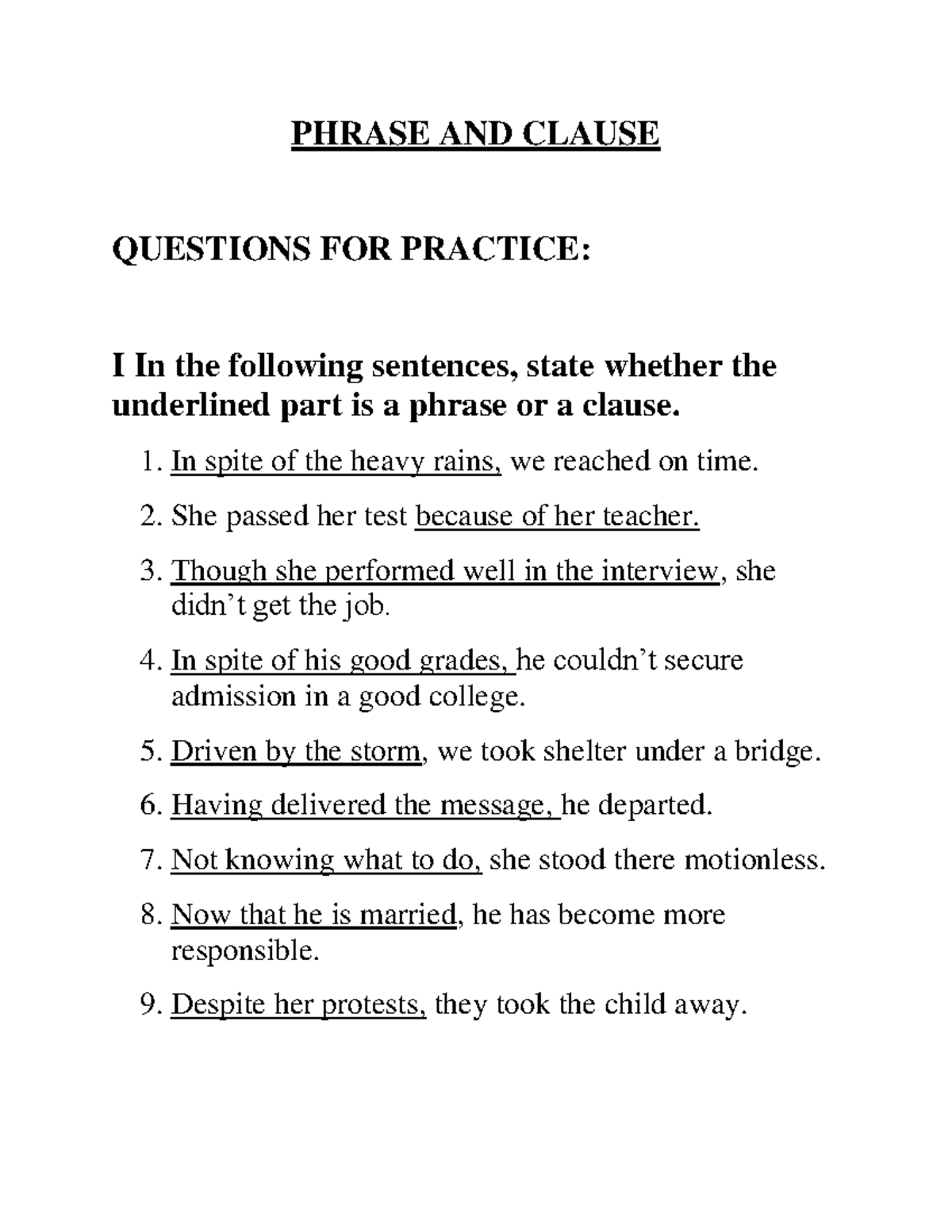 Phrase and clause - Practice questions - PHRASE AND CLAUSE QUESTIONS ...