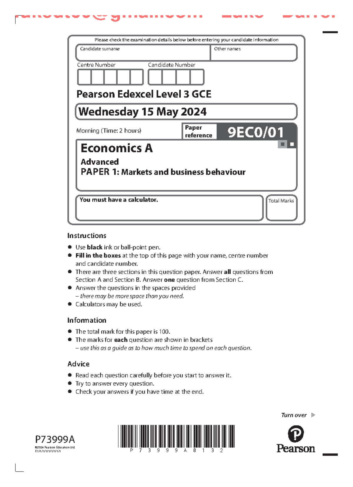 9ec0 Economics%20A Paper 1 QP 3 - P73999A0132 Turn over P73999A ©2024 ...