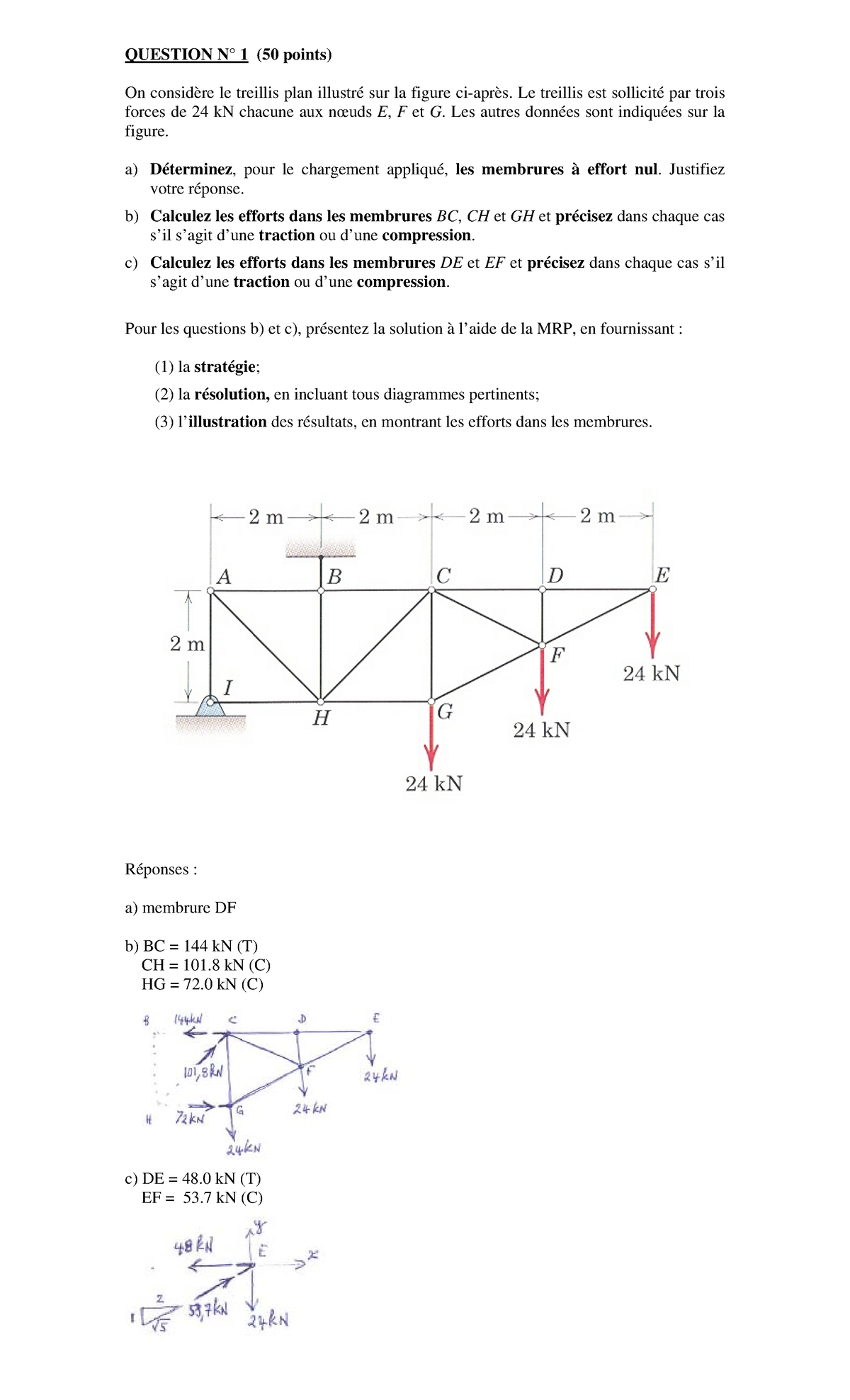 Final A2010 - Question Solution - On considère le treillis plan ...