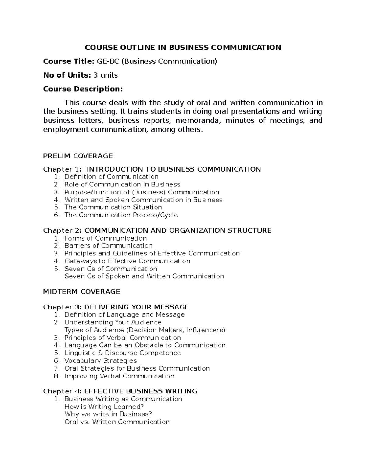 Course Outline IN Business Communication - COURSE OUTLINE IN BUSINESS ...
