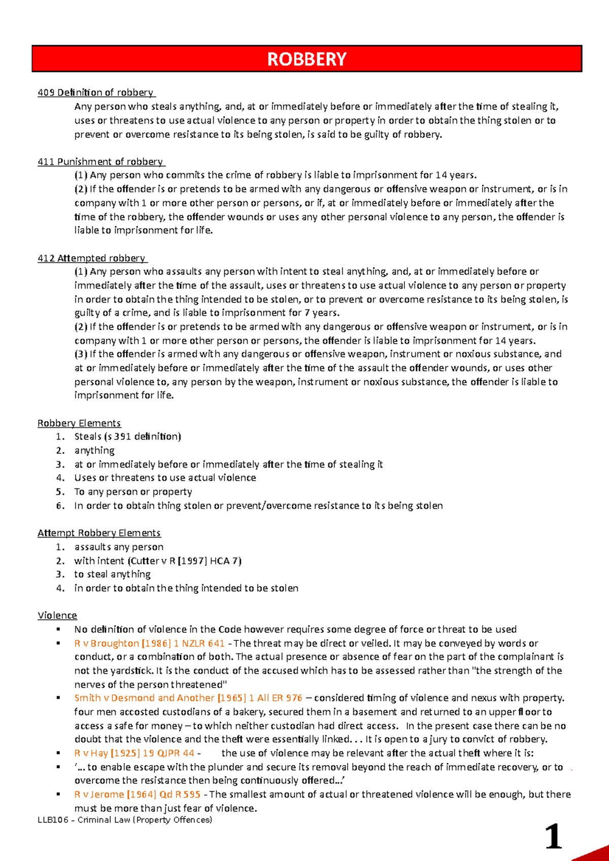 LLB106 - Lecture Notes Property Crime - ROBBERY 409 Definition of ...