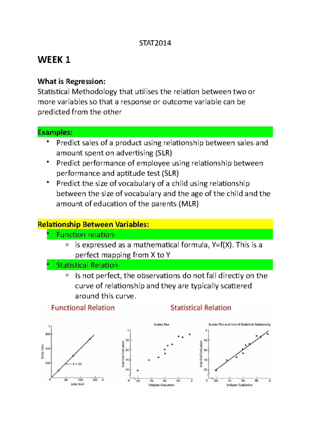 STAT2014 - STAT WEEK 1 What is Regression: Statistical Methodology that utilises the relation ...