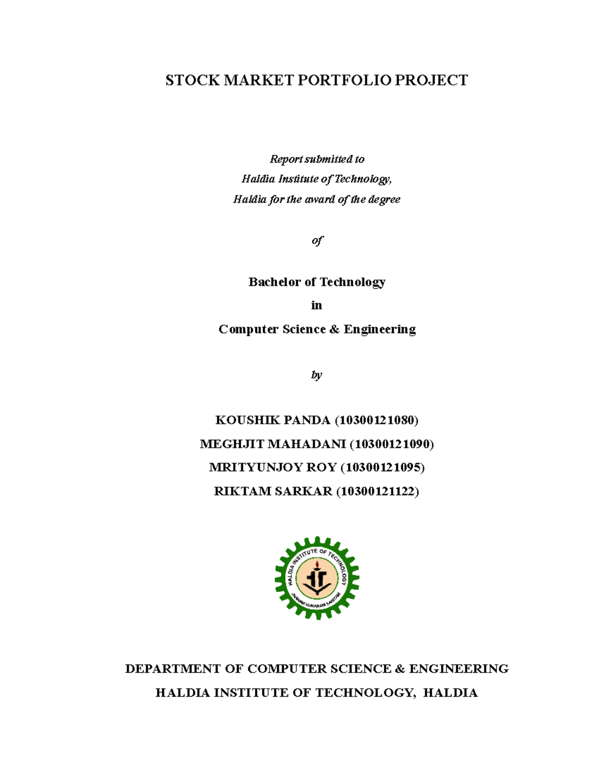 Final YEAR Project - STOCK MARKET PORTFOLIO PROJECT Report submitted to ...