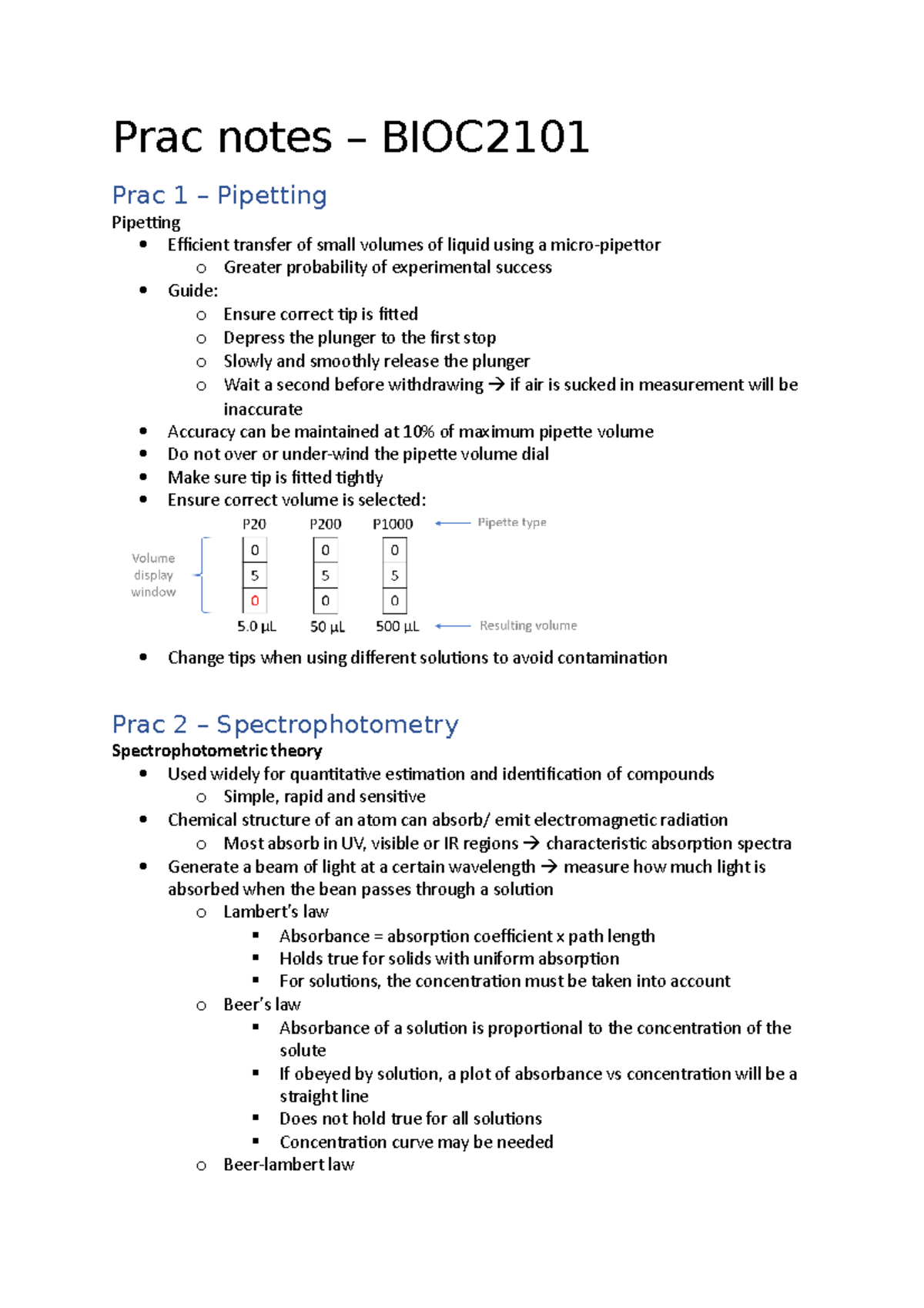 Prac notes BIOC2101 - Prac notes – BIOC Prac 1 – Pipetting Pipetting ...