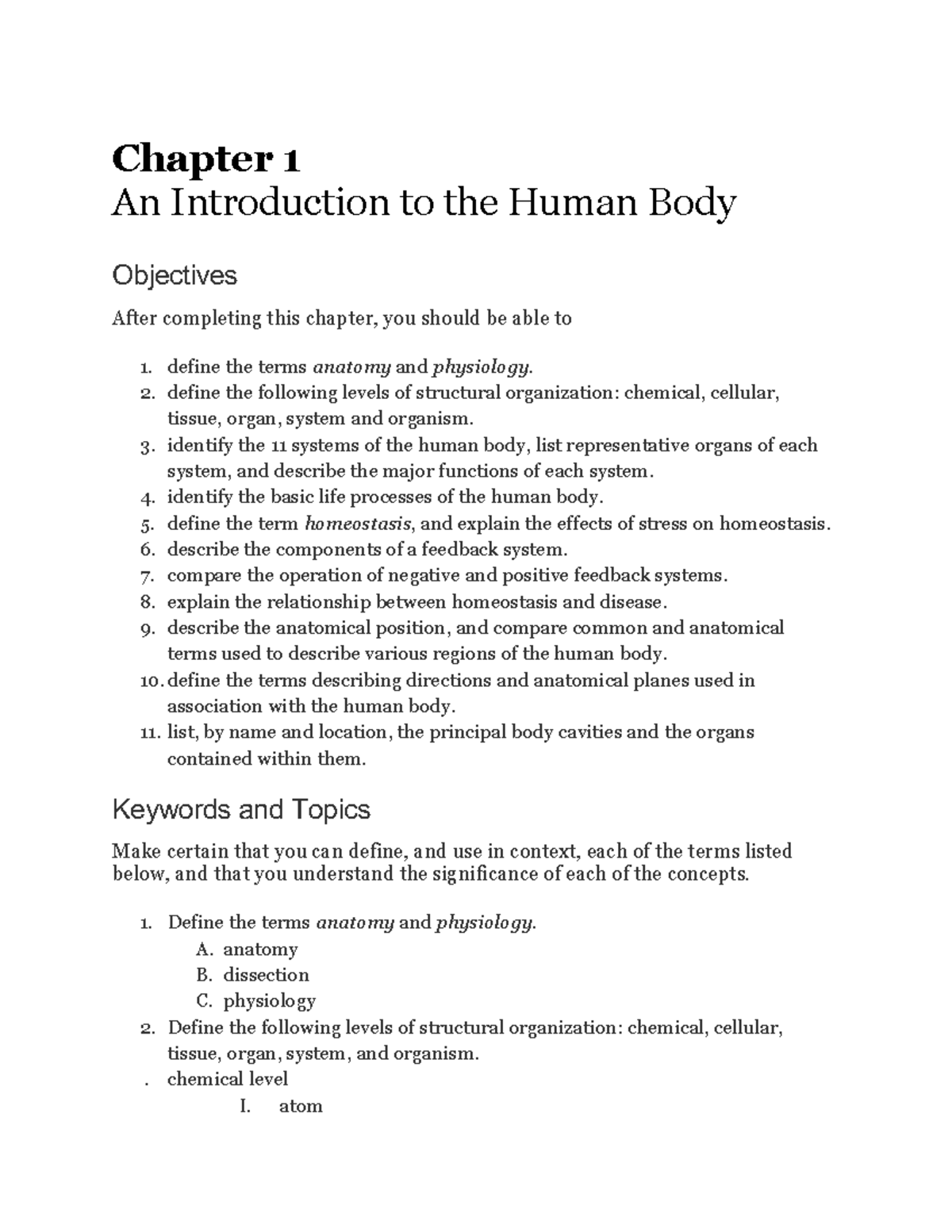 Study Guide - Ch 1-10 - Chapter 1 An Introduction to the Human Body ...