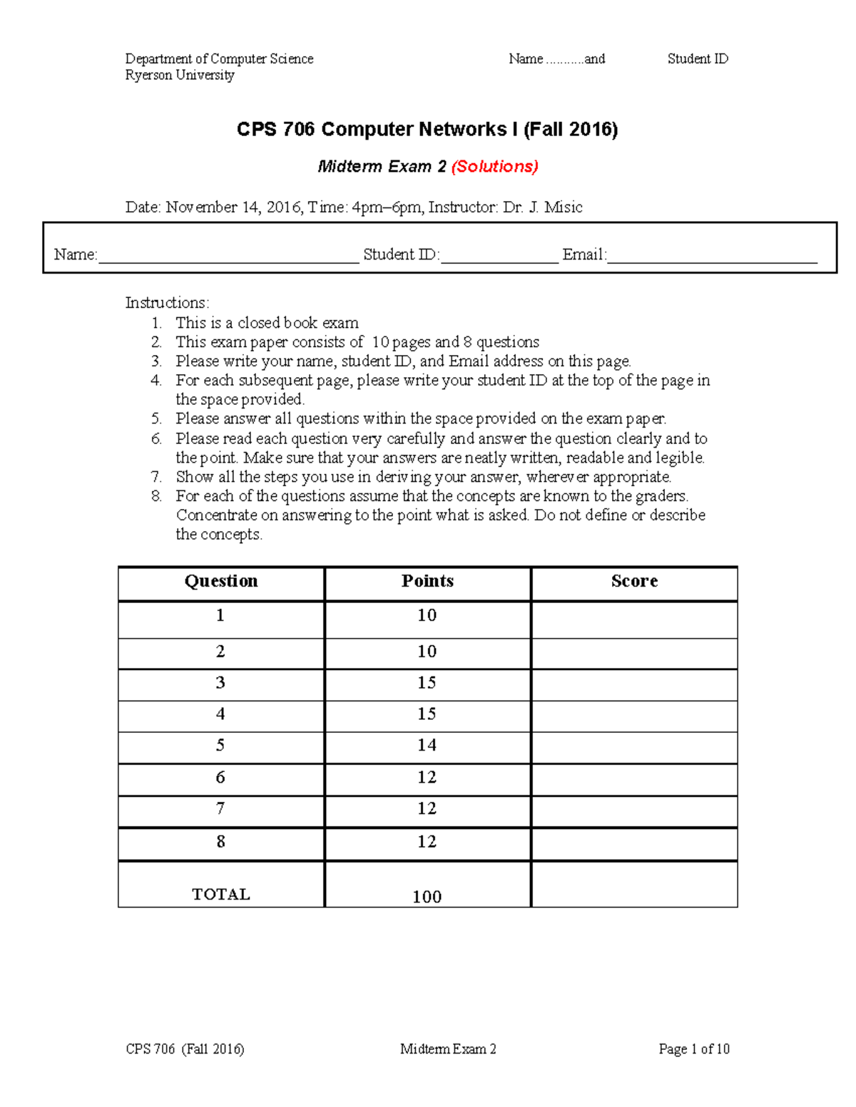 Midterm 2-cps706-F2016 - Ryerson University CPS 706 Computer Networks I ...