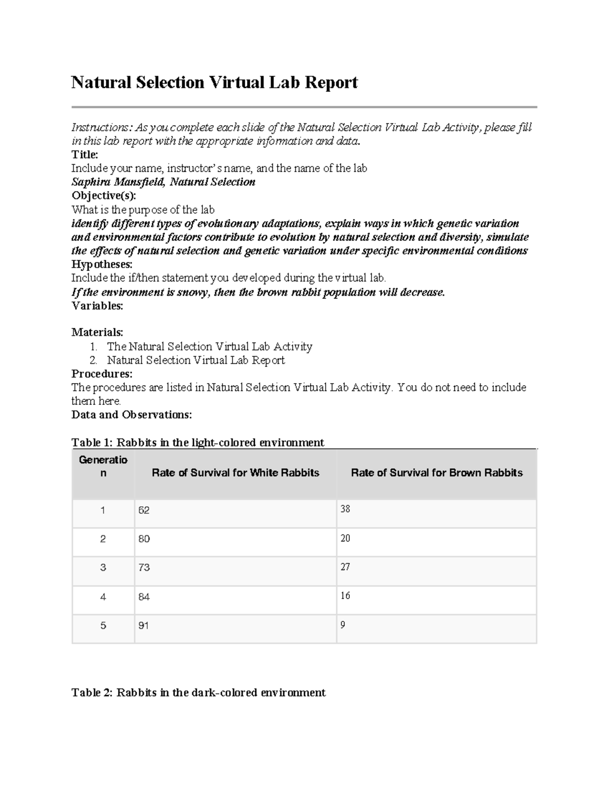 05 02 natural selection lab report - Natural Selection Virtual Lab ...