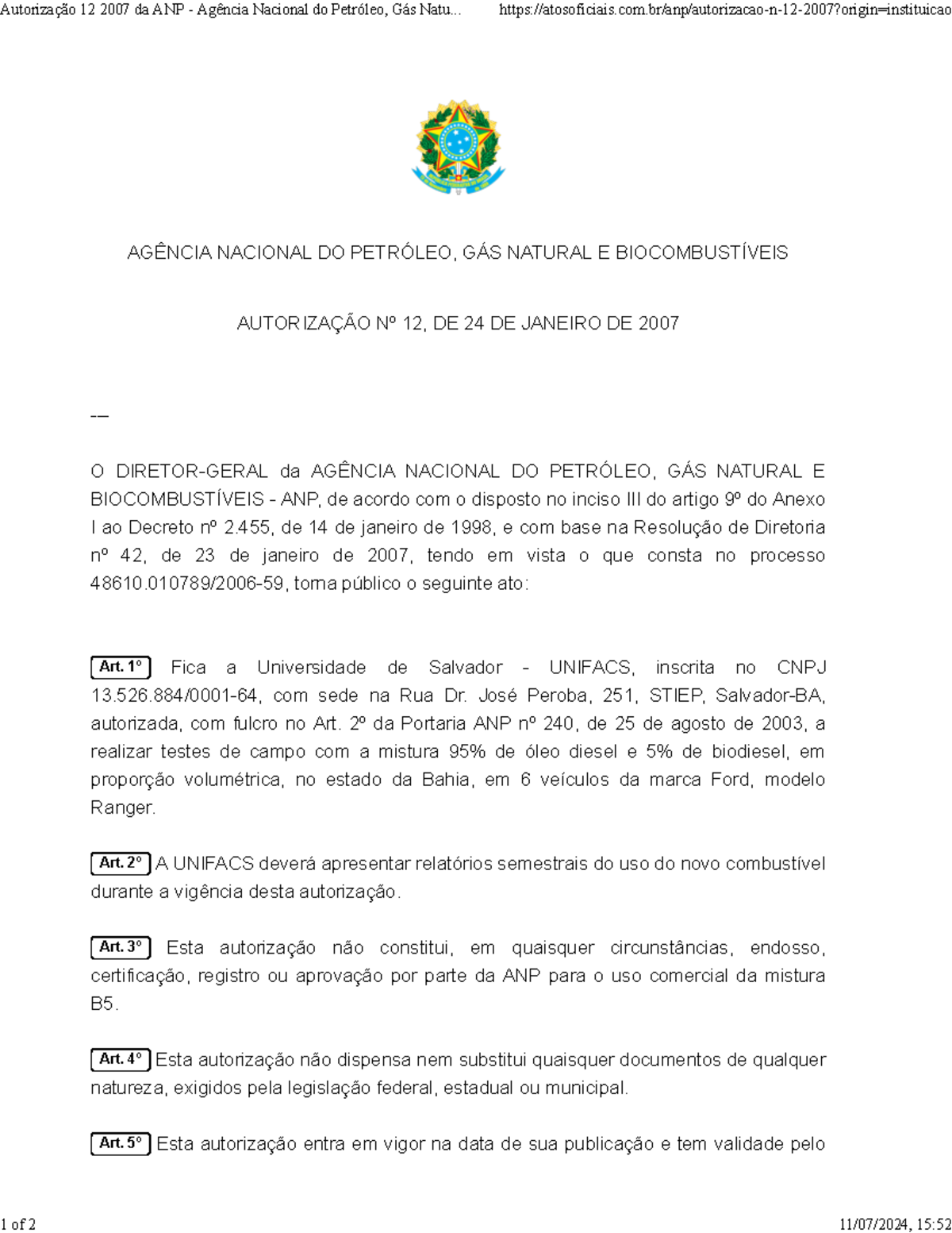 Autorização 12 2007 da ANP - Agência Nacional do Petróleo, Gás Natural ...