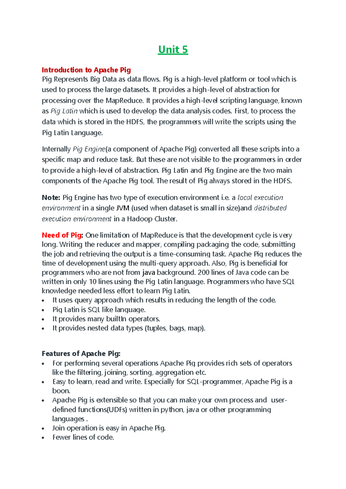 Unit 5 Big Data - Unit 5 Introduction to Apache Pig Pig Represents Big ...