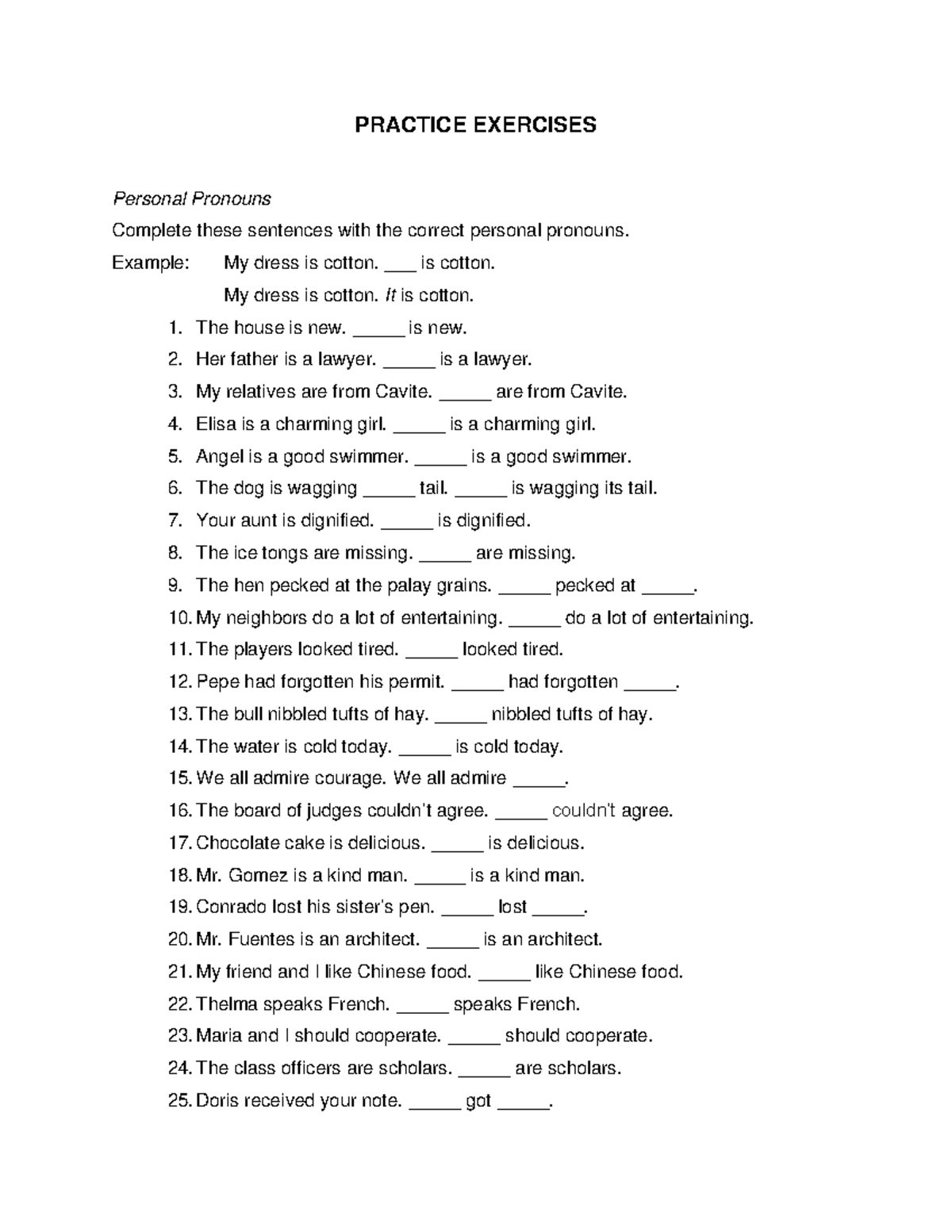 Pronouns Practice Exercises - PRACTICE EXERCISES Personal Pronouns ...