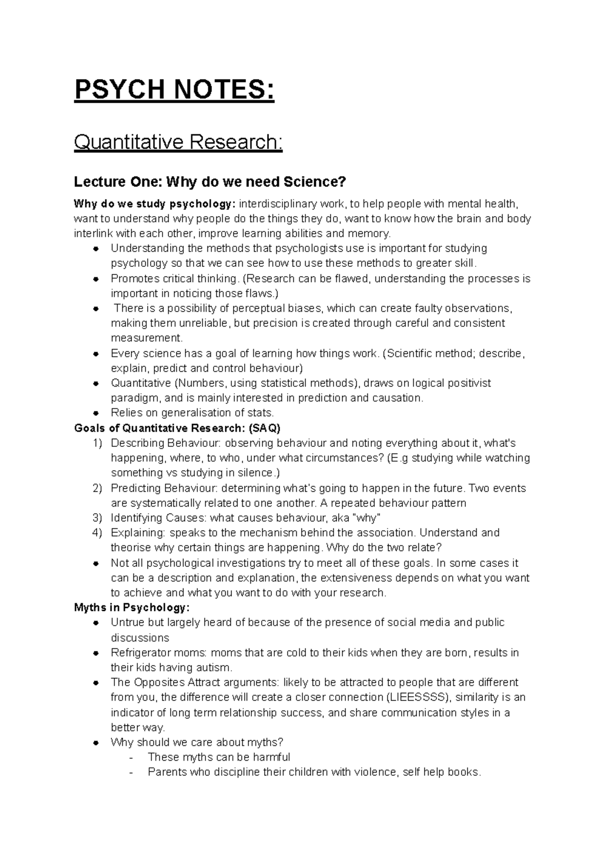 Psych notes- Semester 2 - PSYCH NOTES: Quantitative Research: Lecture ...