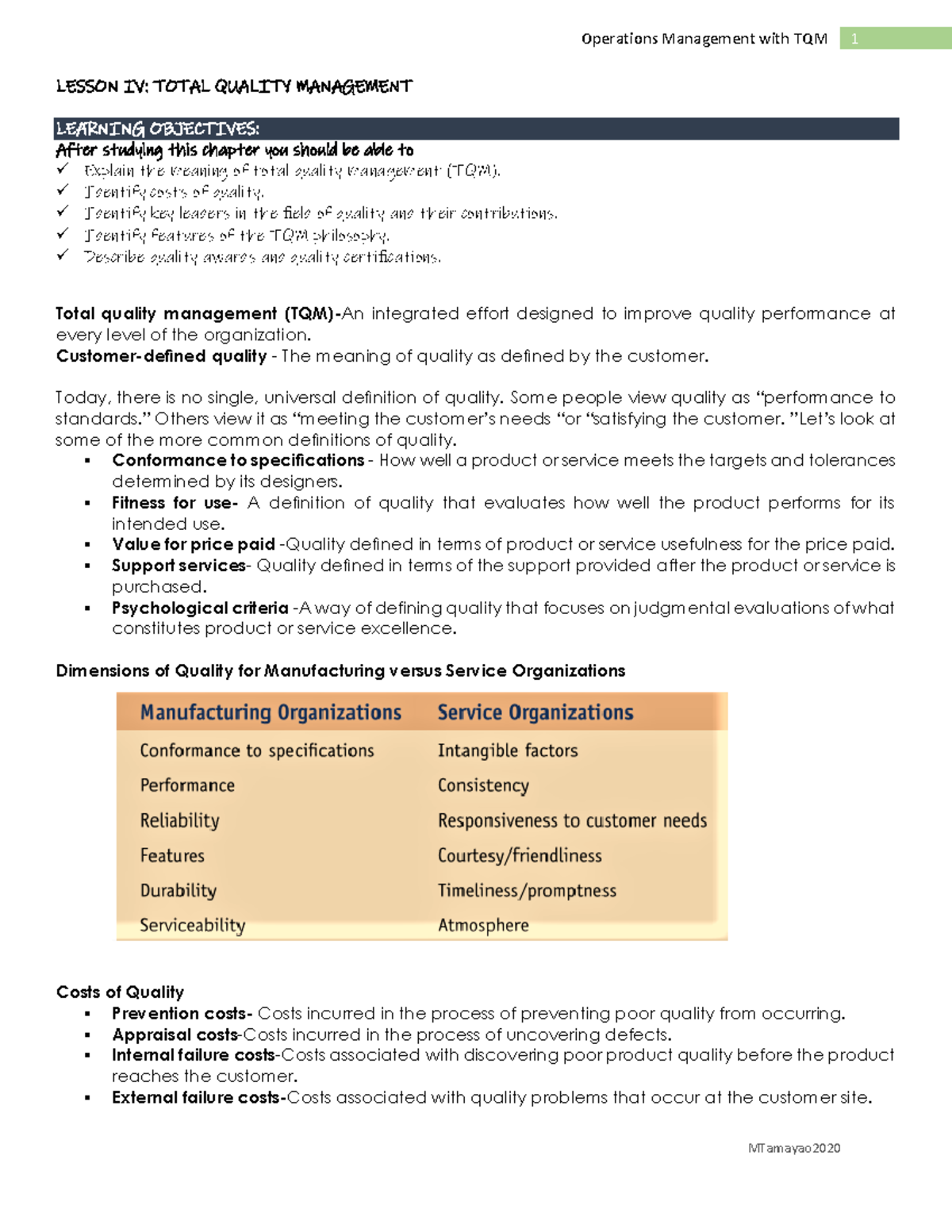 4 - TQM - MTamayao Operations Management with TQM 1 LESSON IV: TOTAL ...