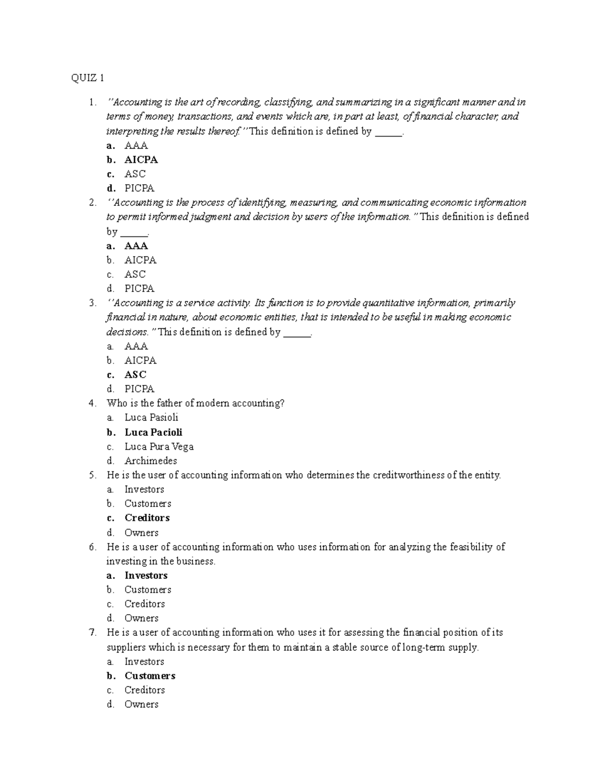 QUIZ 1 - Practice problem - QUIZ 1 ’’Accounting is the art of recording ...
