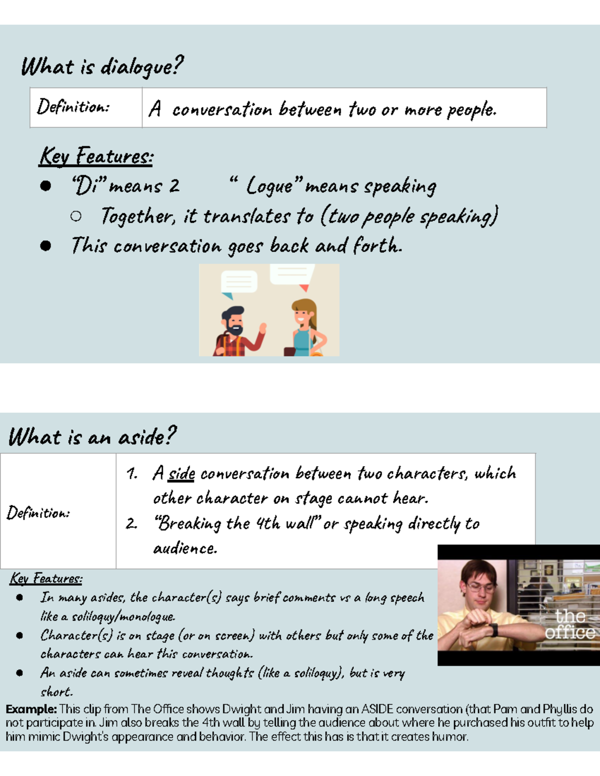 Dramatic Conventions Notes handout - What is dialogue? Definition: A ...