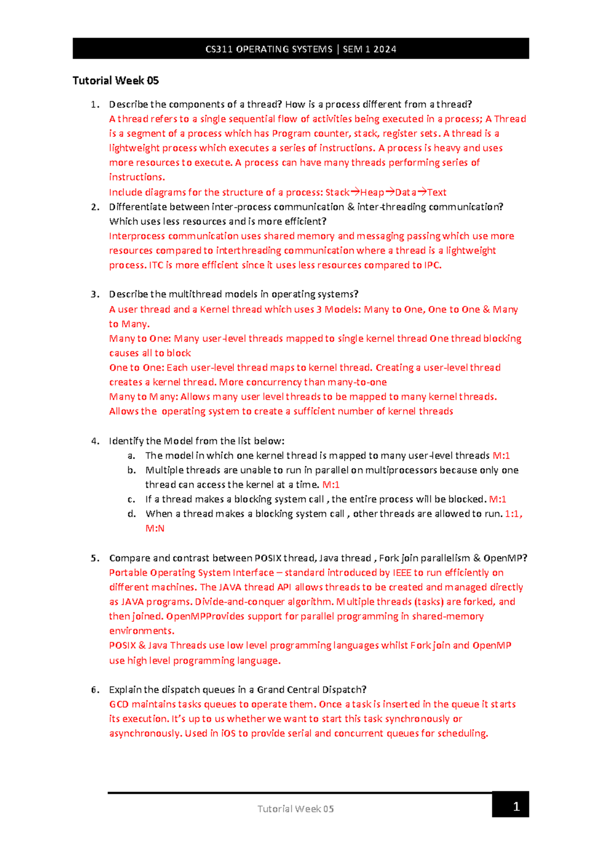 Tutorial Week 05 Solutions - CS3 11 OPERATING SYSTEMS | SEM 1 2024 Tutorial Week 0 5 1 Tutorial ...