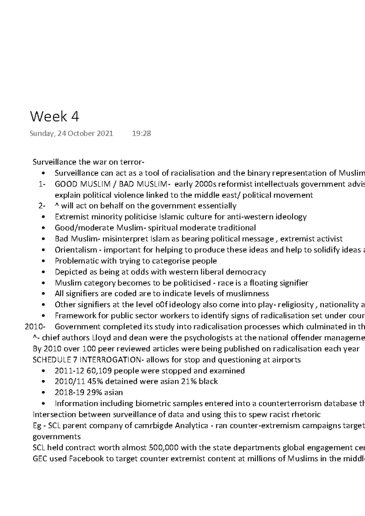 Week 4 - surveillance notes - Surveillance the war on terror ...