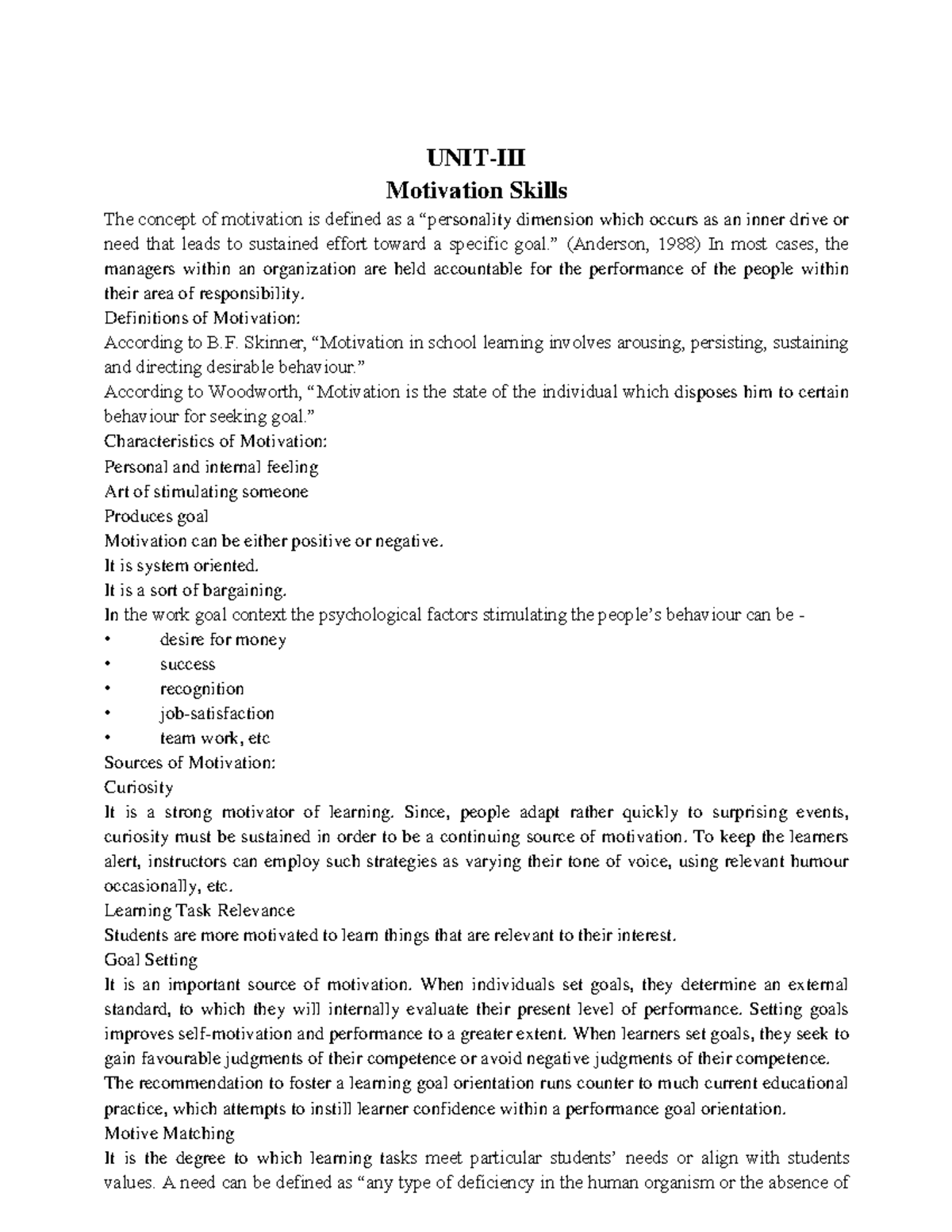 UNIT III- Motivation Skills - UNIT-III Motivation Skills The concept of ...