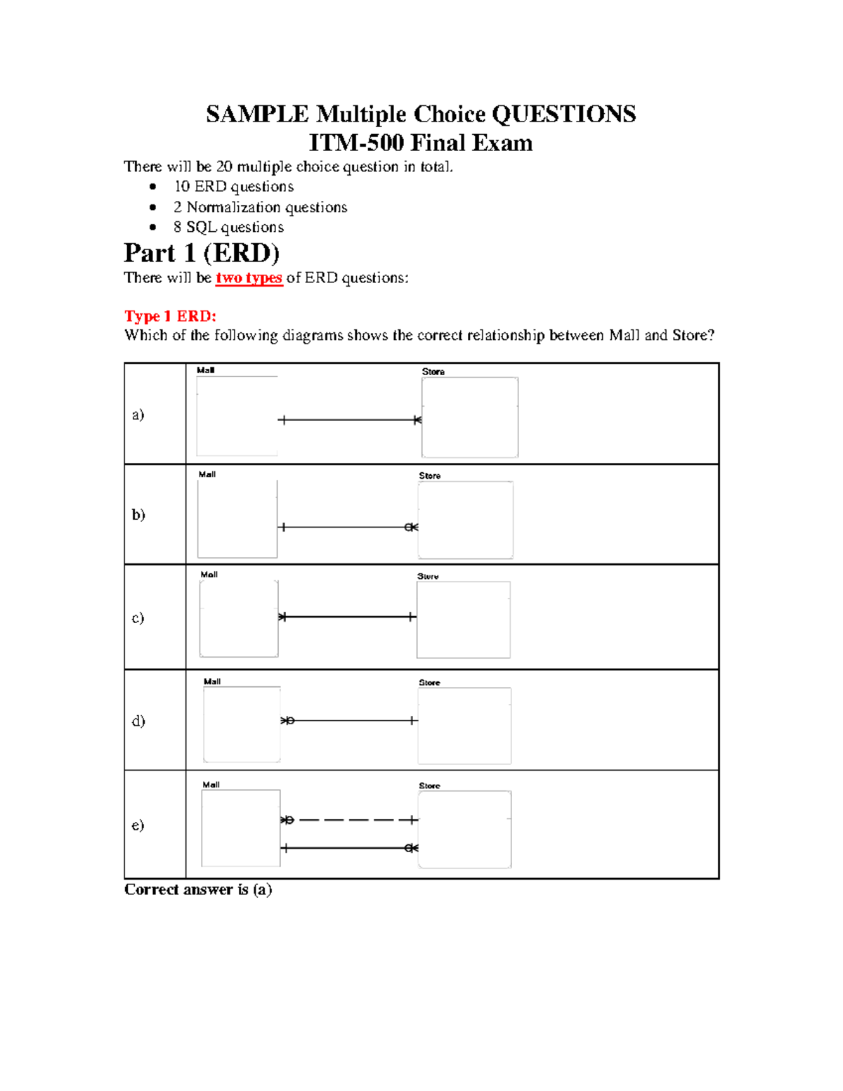 Sample Final Questions MC - SAMPLE Multiple Choice QUESTIONS ITM-500 Final Exam There will be 20 ...