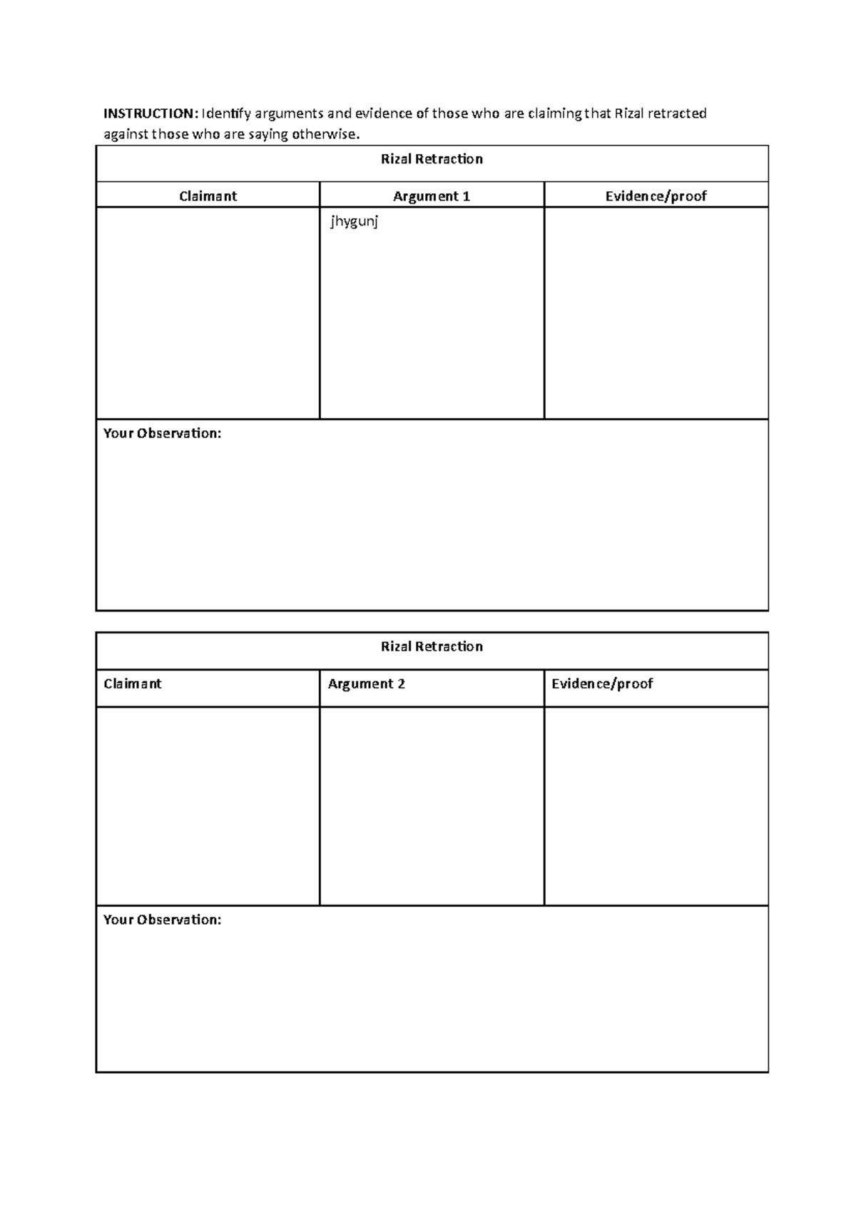 Retraction -Rizal - INSTRUCTION: Identify arguments and evidence of ...
