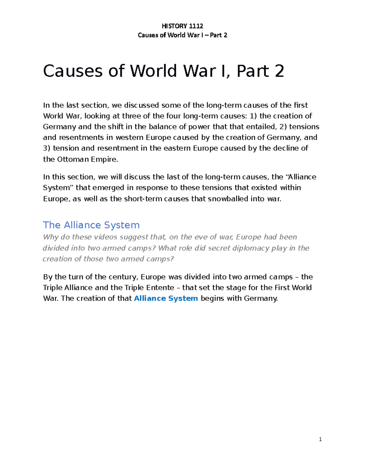 HIST 1112 - Causes of World War I - Part 2 - Causes of World War I ...