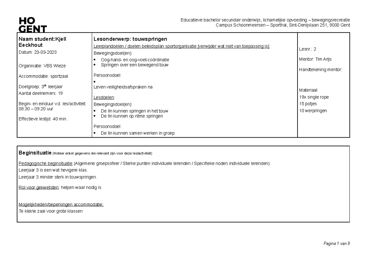 Lesvoorbereiding touwspringen 3de leerjaar les 2 - Campus Schoonmeersen ...