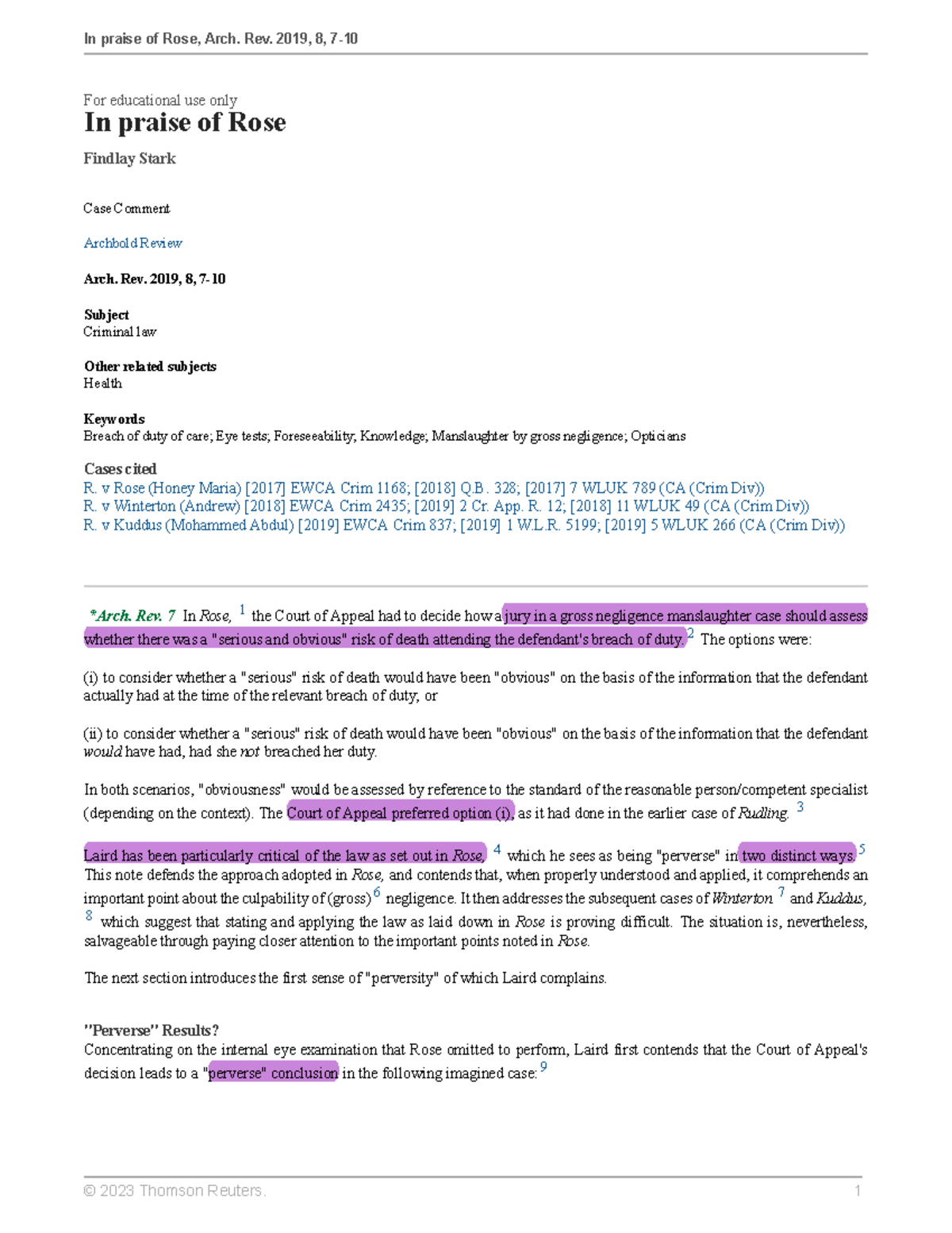 In praise of Rose - TRUSTS - For educational use only In praise of Rose ...