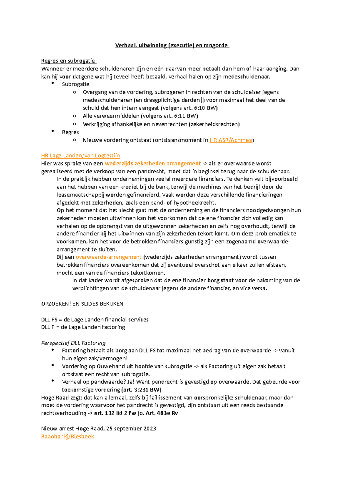 HC week 5 - verhaal en rangorde - Verhaal, uitwinning (executie) en ...
