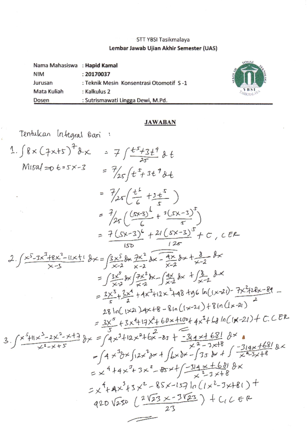 Lembar Jawab Kalkulus 2000 1 - Kalkulus 2 - Studocu