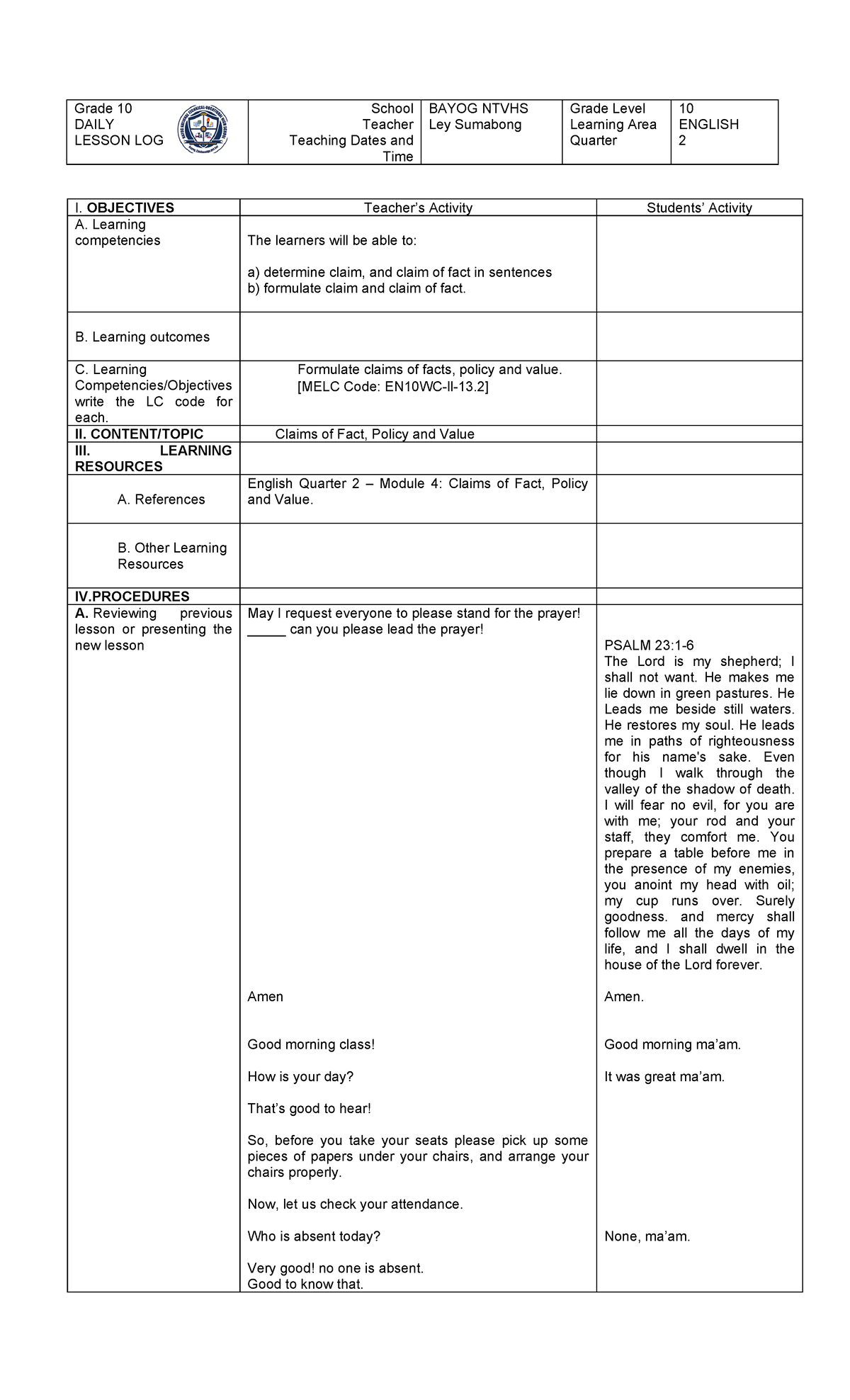 Ley-dll123456789 - I. OBJECTIVES Teacher’s Activity Students’ Activity ...