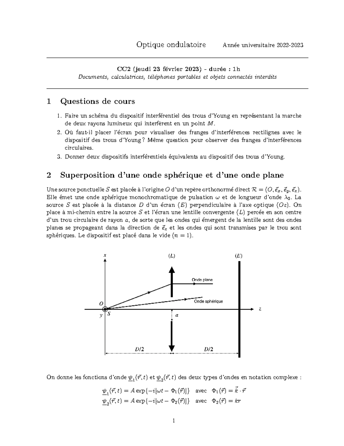 CC1 Printemps 2023 - Contrôle - Optique ondulatoire Ann ́ee universitaire 2022- CC2 (jeudi 23 f ...