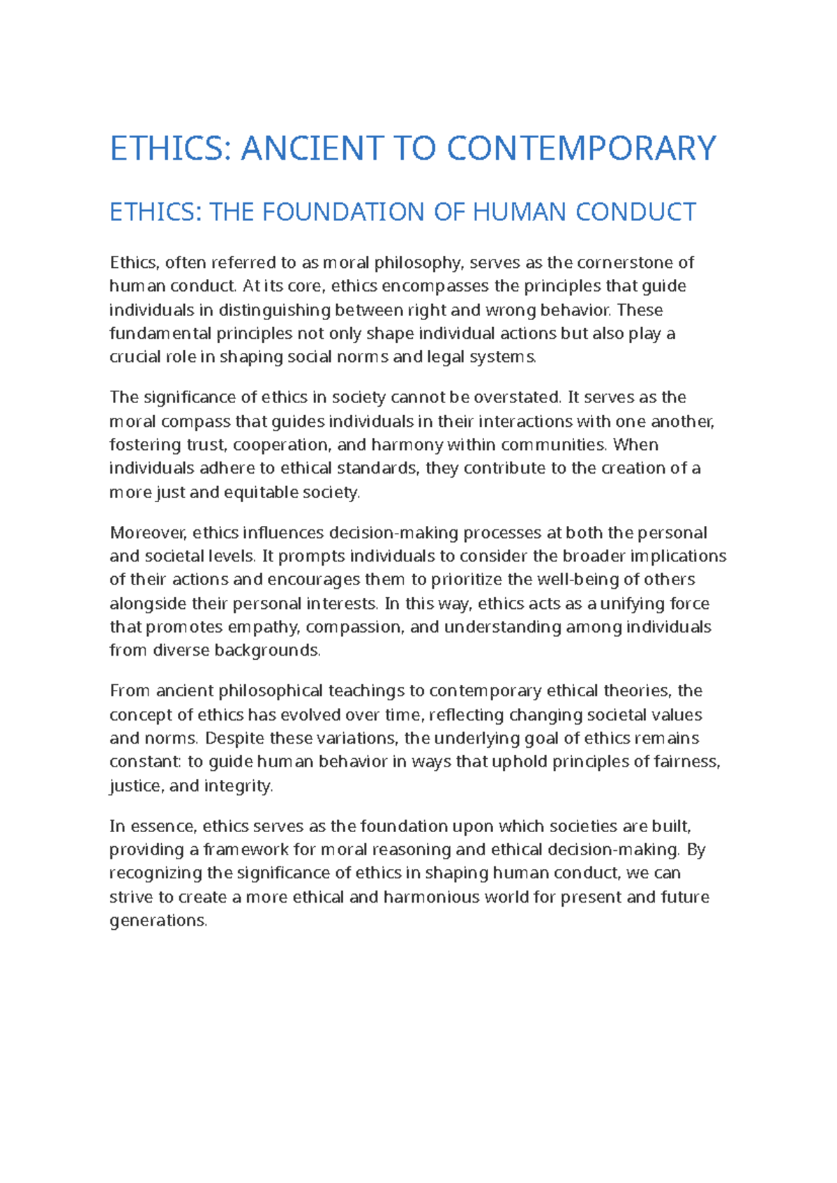 Ethics Ancient to Contemporary - ETHICS: ANCIENT TO CONTEMPORARY ETHICS ...