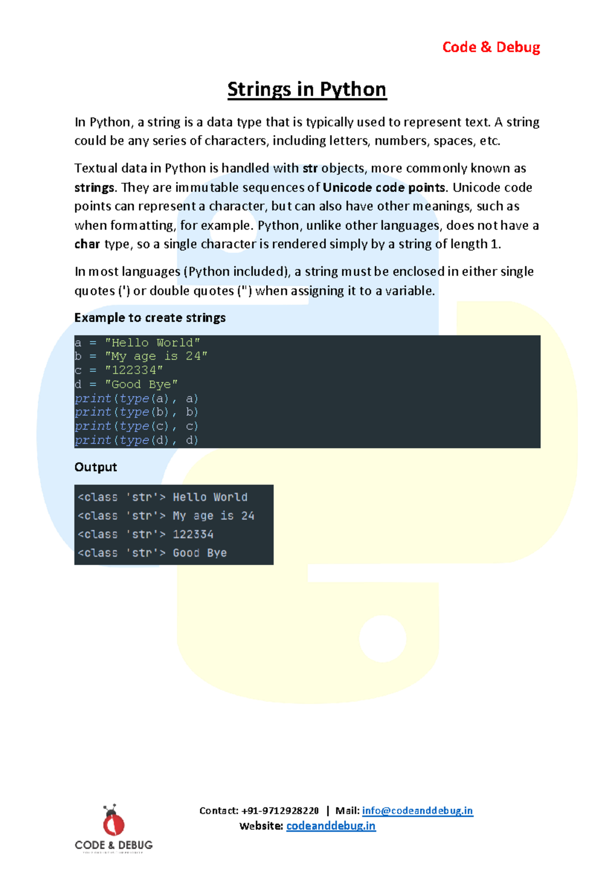 Strings In Python Programming Contact 91 9712928220 Mail Infocodeanddebug Strings In