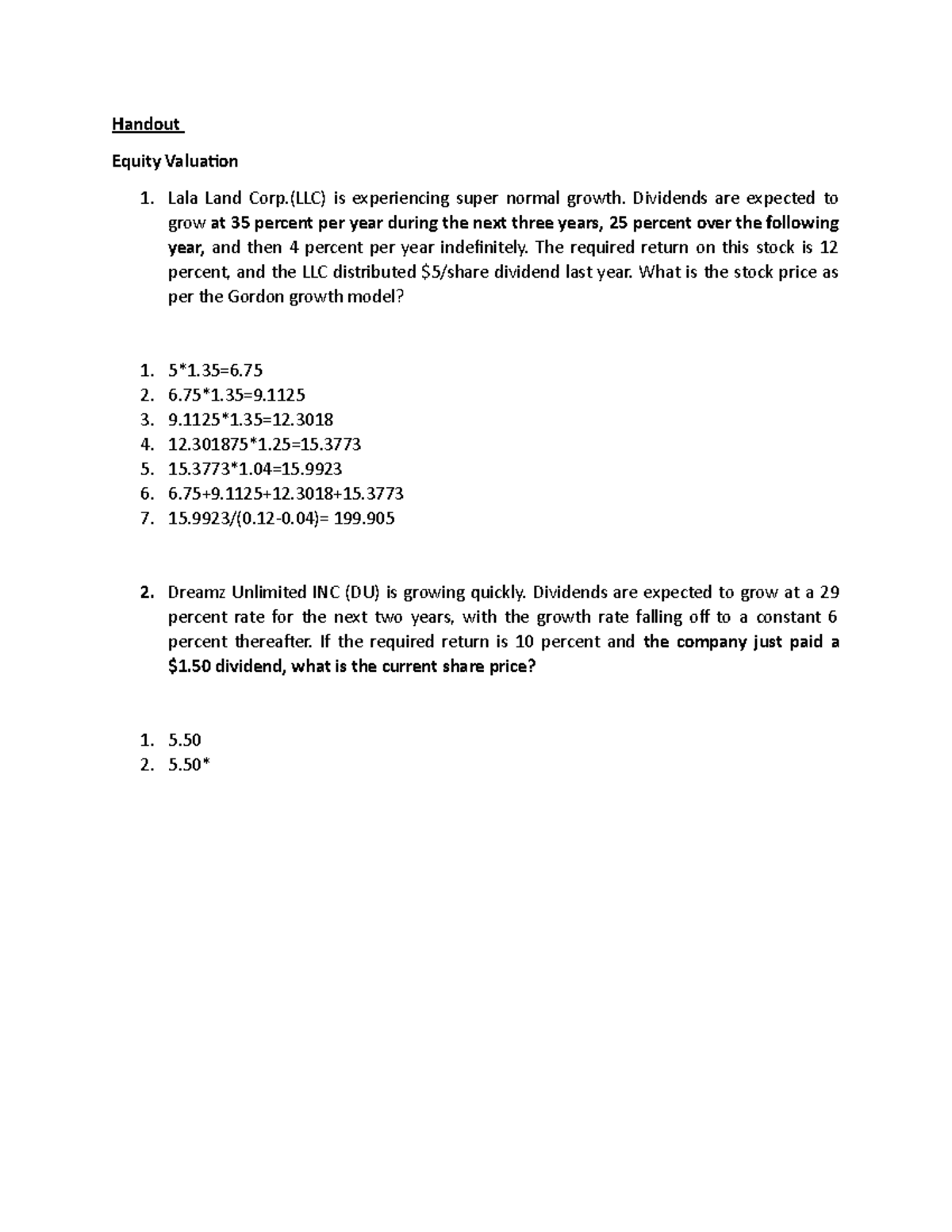 Equity Valuation V2 - Grade: b - Handout Equity Valuation Lala Land ...