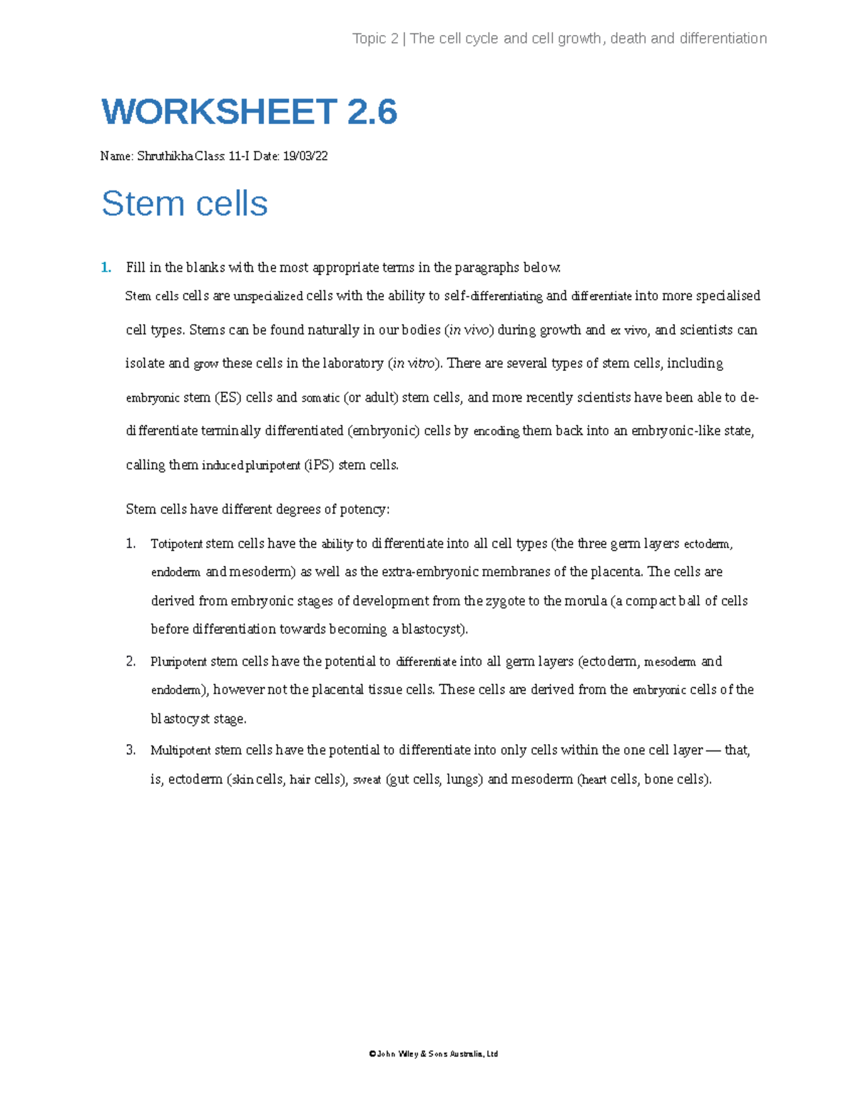 Worksheet 2.6 Stem Cells-done - Topic 2 | The cell cycle and cell ...