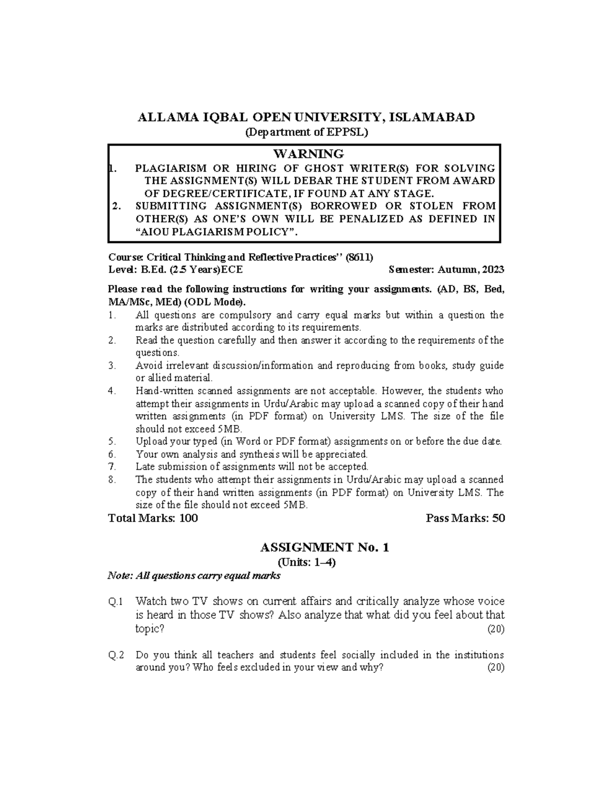 8611 Assignment 01 Allama Iqbal Open University Islamabad