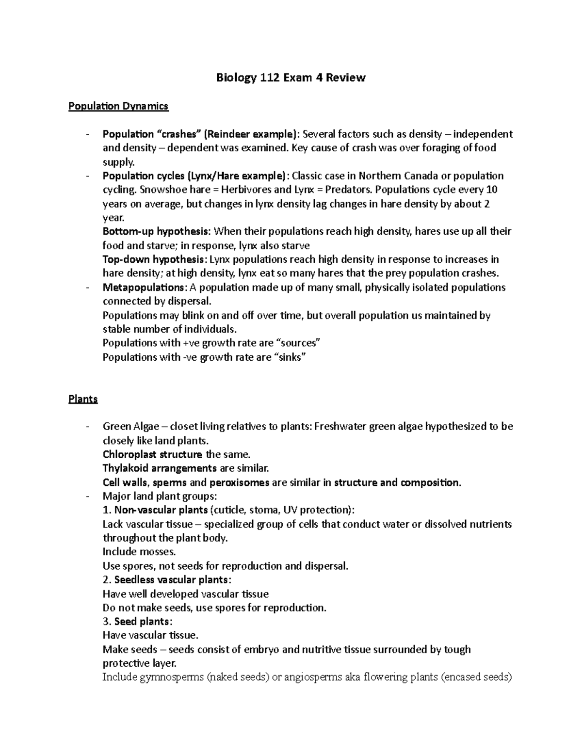 Bio 112 Unit 4 Notes - Biology 112 Exam 4 Review Population Dynamics ...