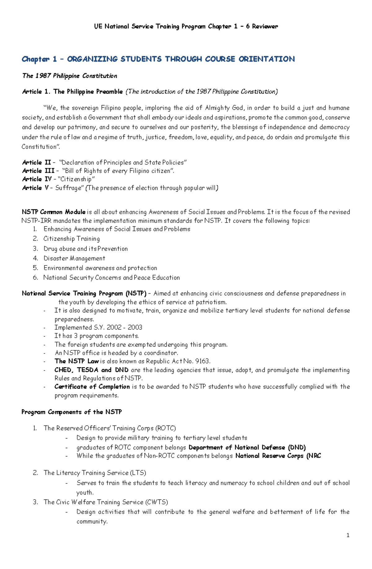 NSTP1 Common Module Exam Reviewer - UE National Service Training ...